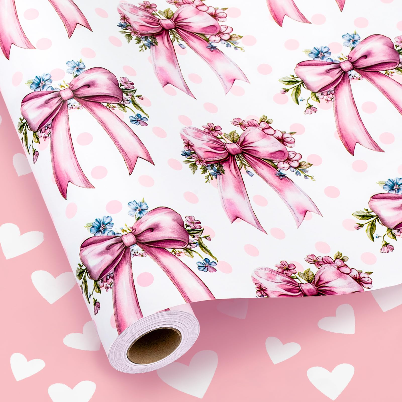 Snapklik.com : MAYPLUSS Pink Bow Wrapping Paper Roll, Girl Birthday ...