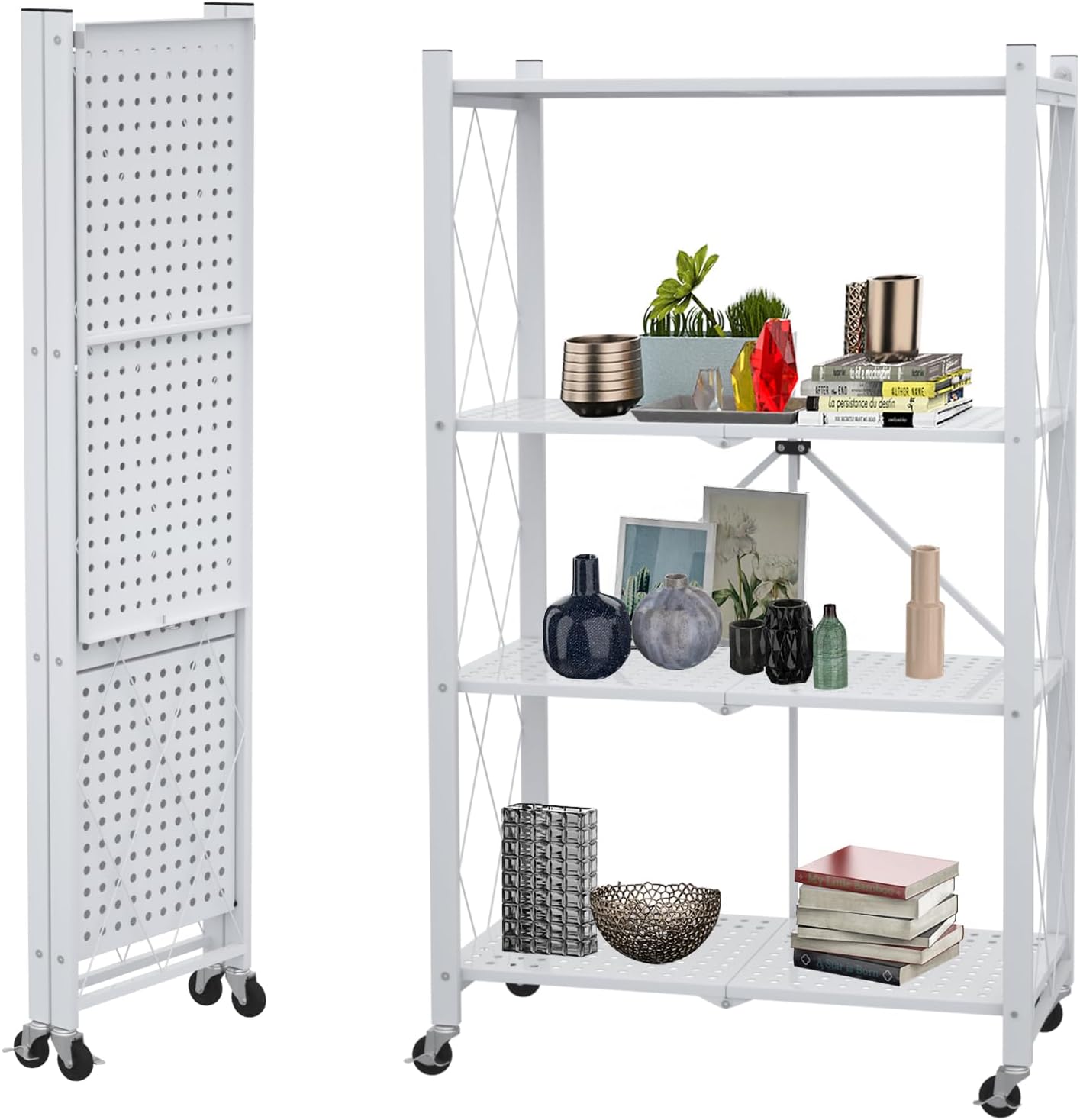 Amazon.com: KAERMO 4-Tier Foldable Storage Shelves with Wheels -No ...