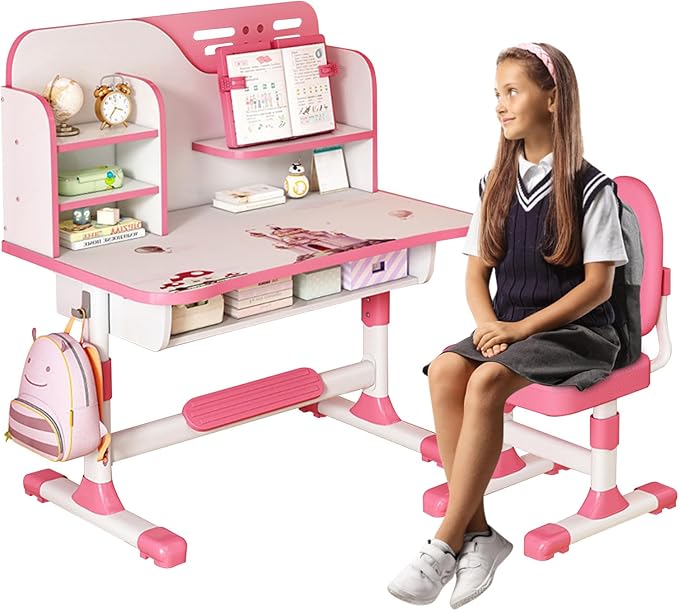 Amazon.com: Bidbory Kids Desk and Chair Set, Height Adjustable Pink ...