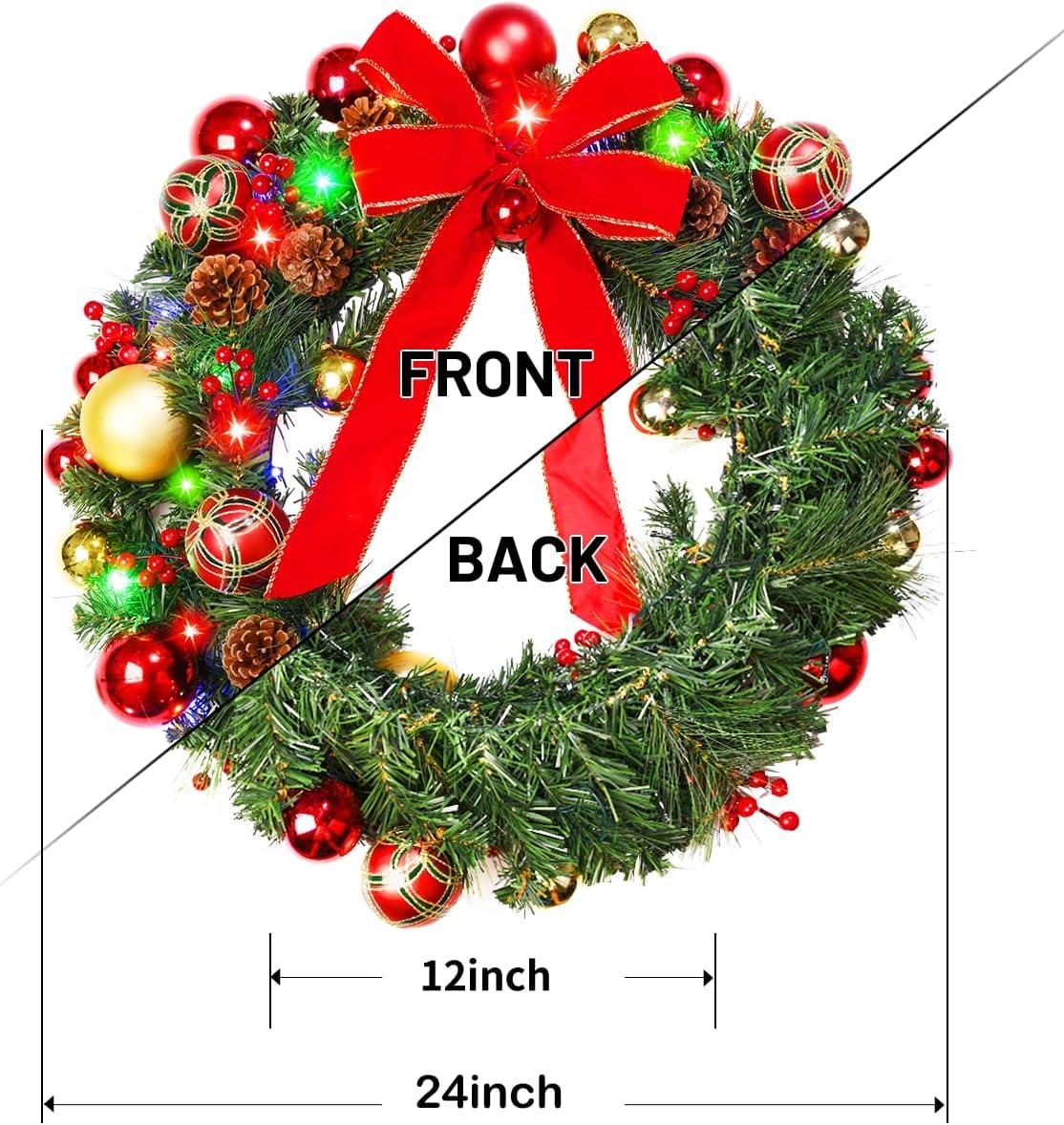 24 Inch Prelit Christmas Wreaths with 60 Lights for Front Door, Vlorart ...