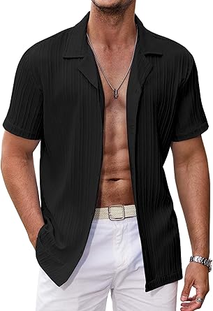 COOFANDY Men's Casual Shirts Short Sleeve Button Down Shirt for Men Fashion Textured Linen ...