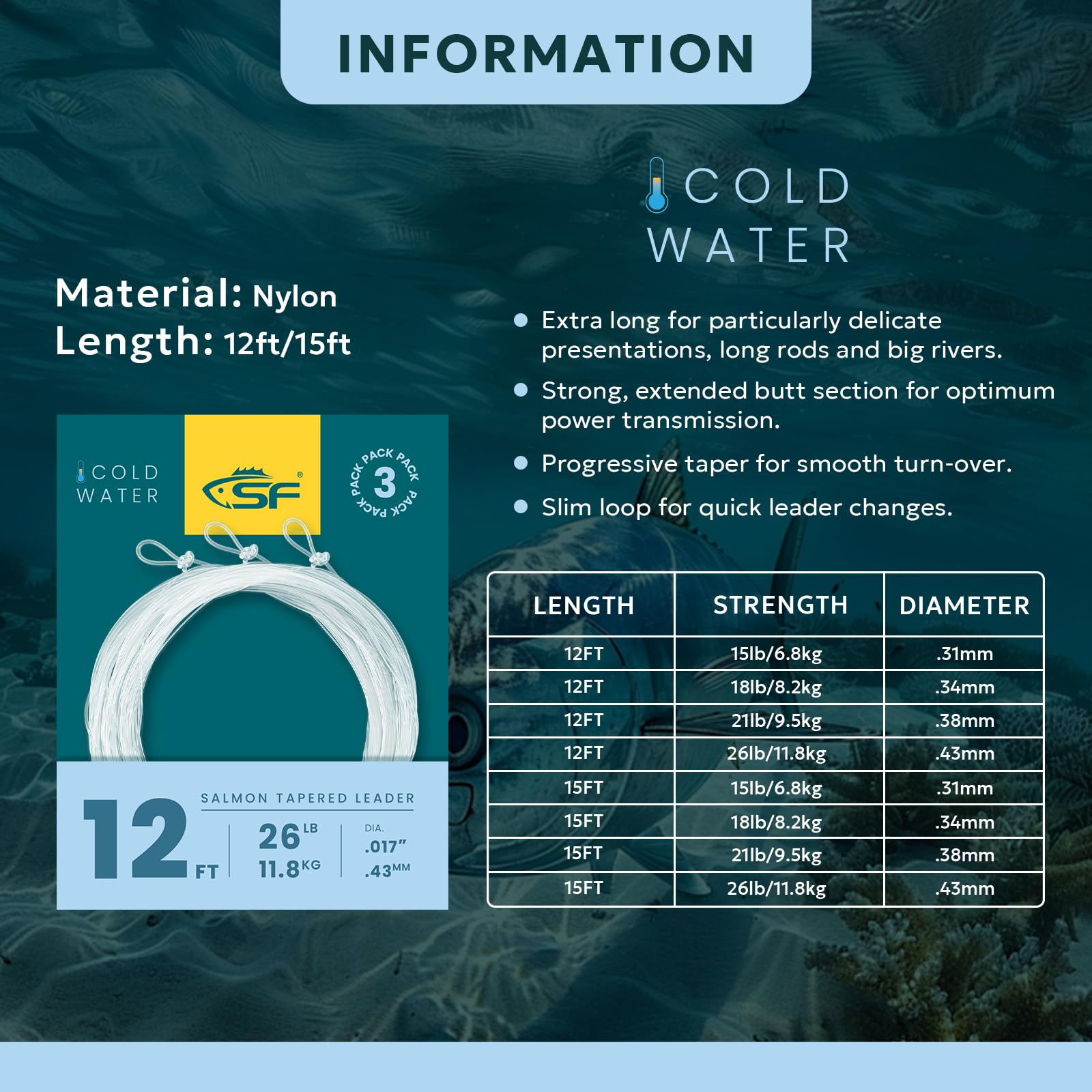 Snapklik.com : SF Pre-Tied Loop Fly Fishing Salmon Tapered Leader Nylon