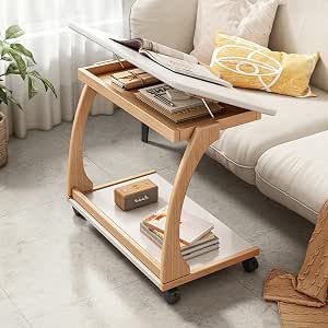 Amazon.com: Solid Wood C Side Table with Rolling Wheels, Wooden End ...
