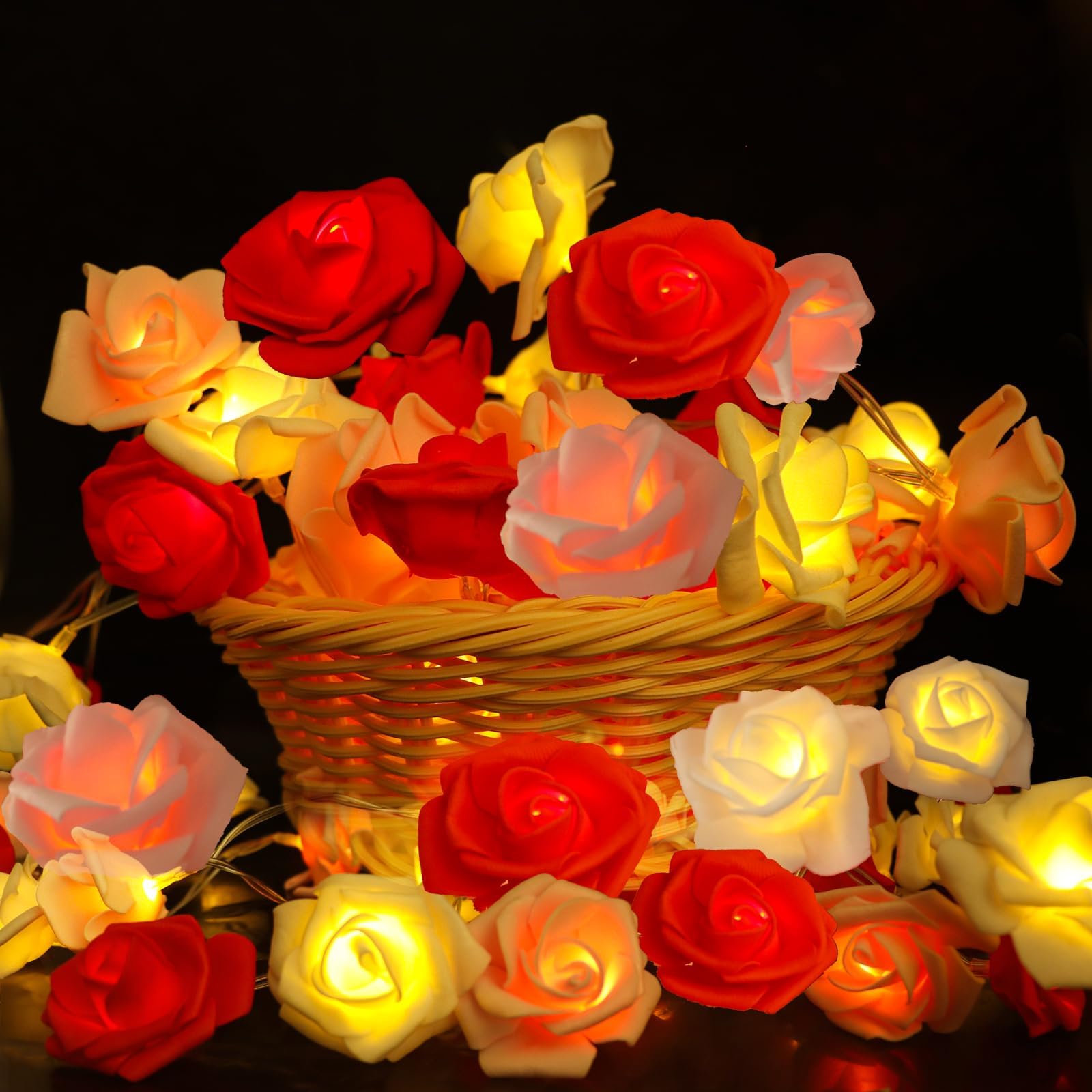 Amazon.com: CCINEE 9.8Ft LED Rose Flower String Lights，30 LED Red White ...