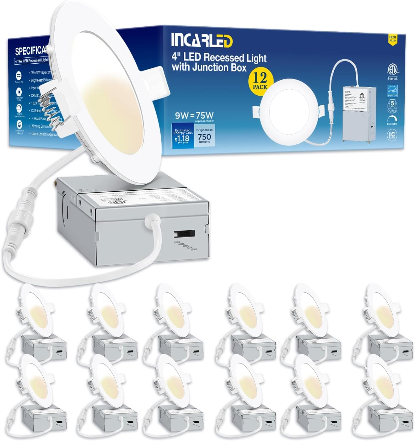 INCARLED 4Inch 5CCT LED Recessed Slim Pot Light with Junction Box ...