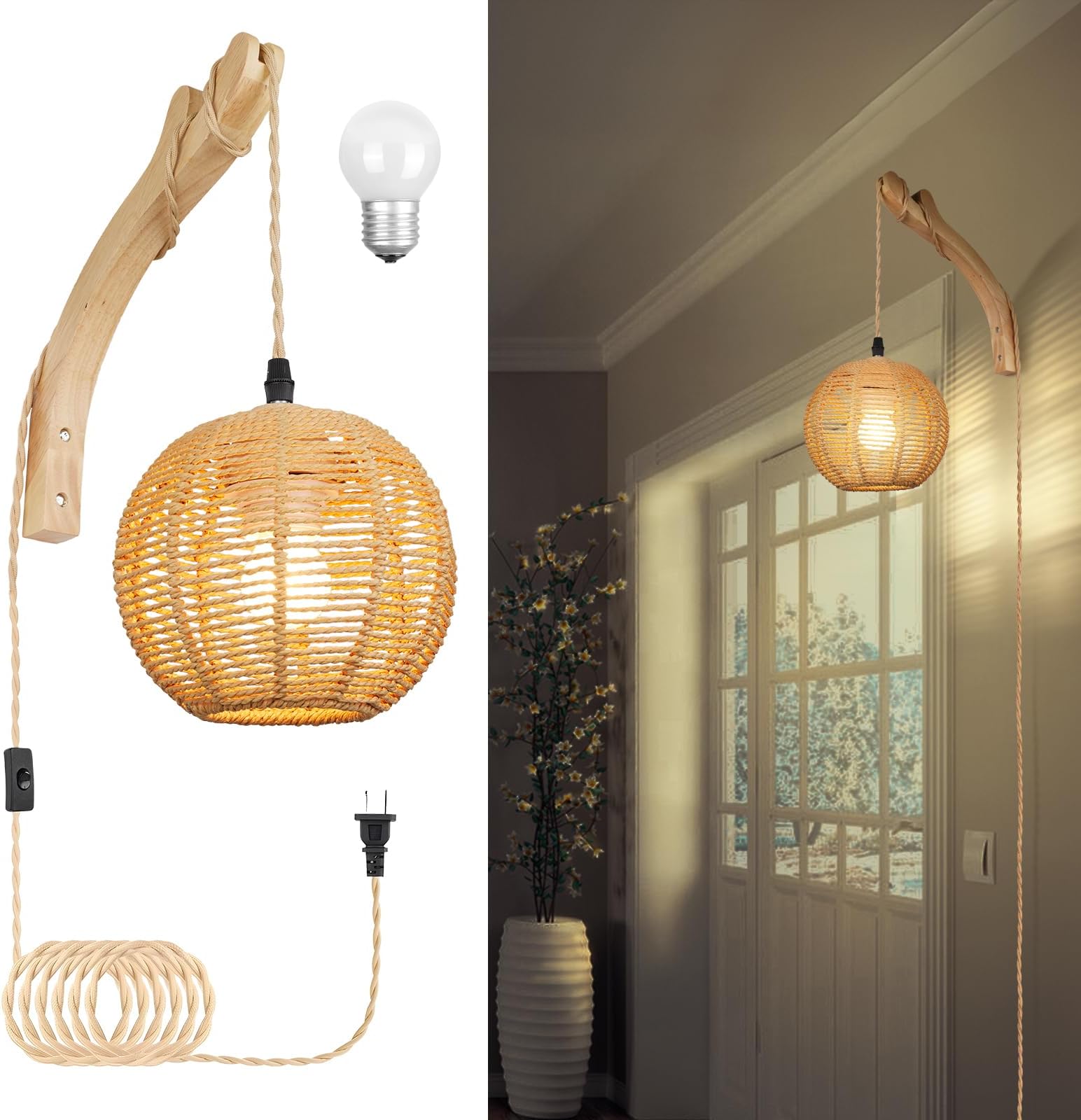 ElilyGiA Rattan Wall Sconces with Plug in Cord Hand Woven Boho Wall ...