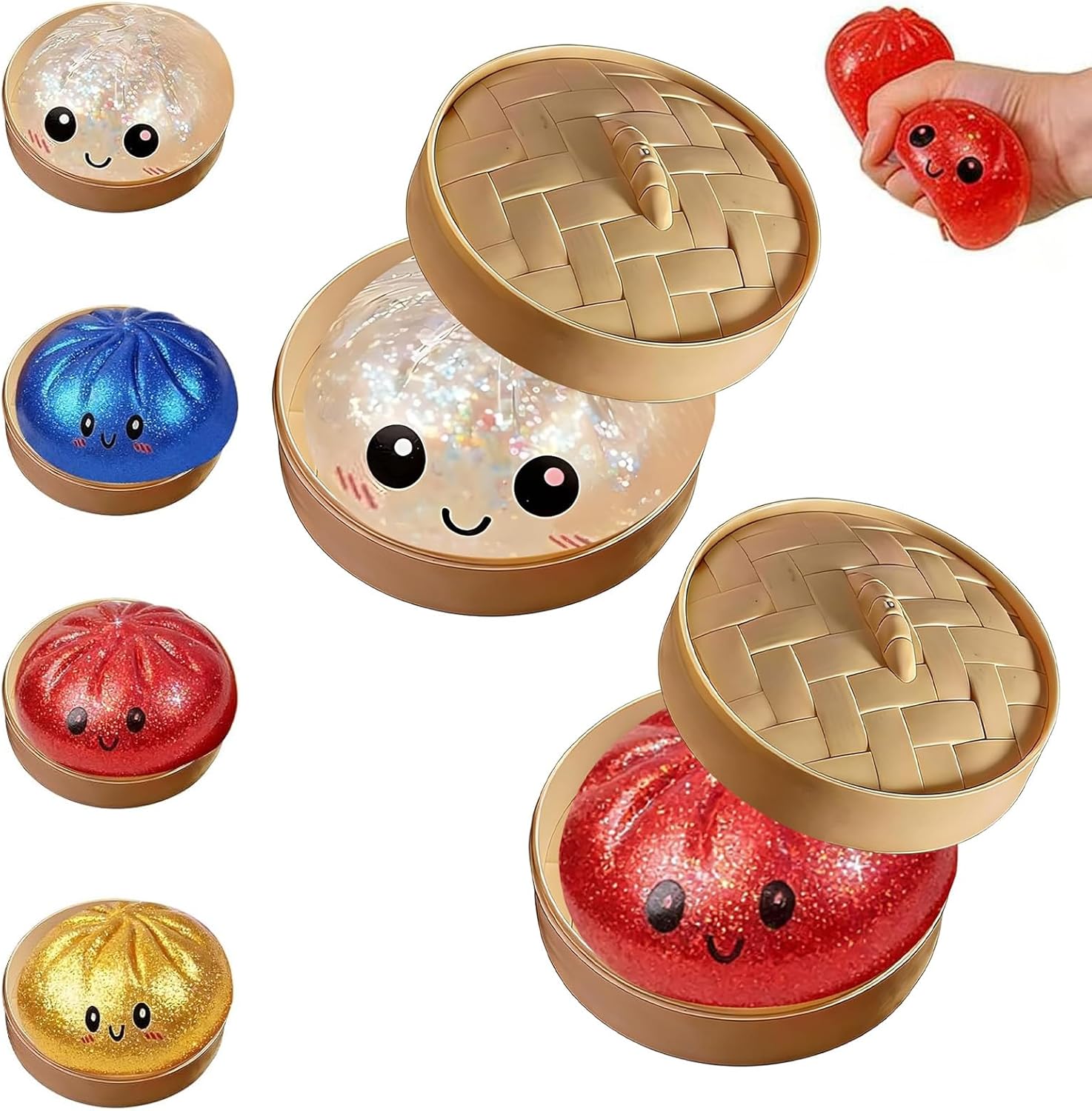 2 Stück Dumpling Squishy, Glitter Dumpling Squishy mit Dampfgarer Box ...