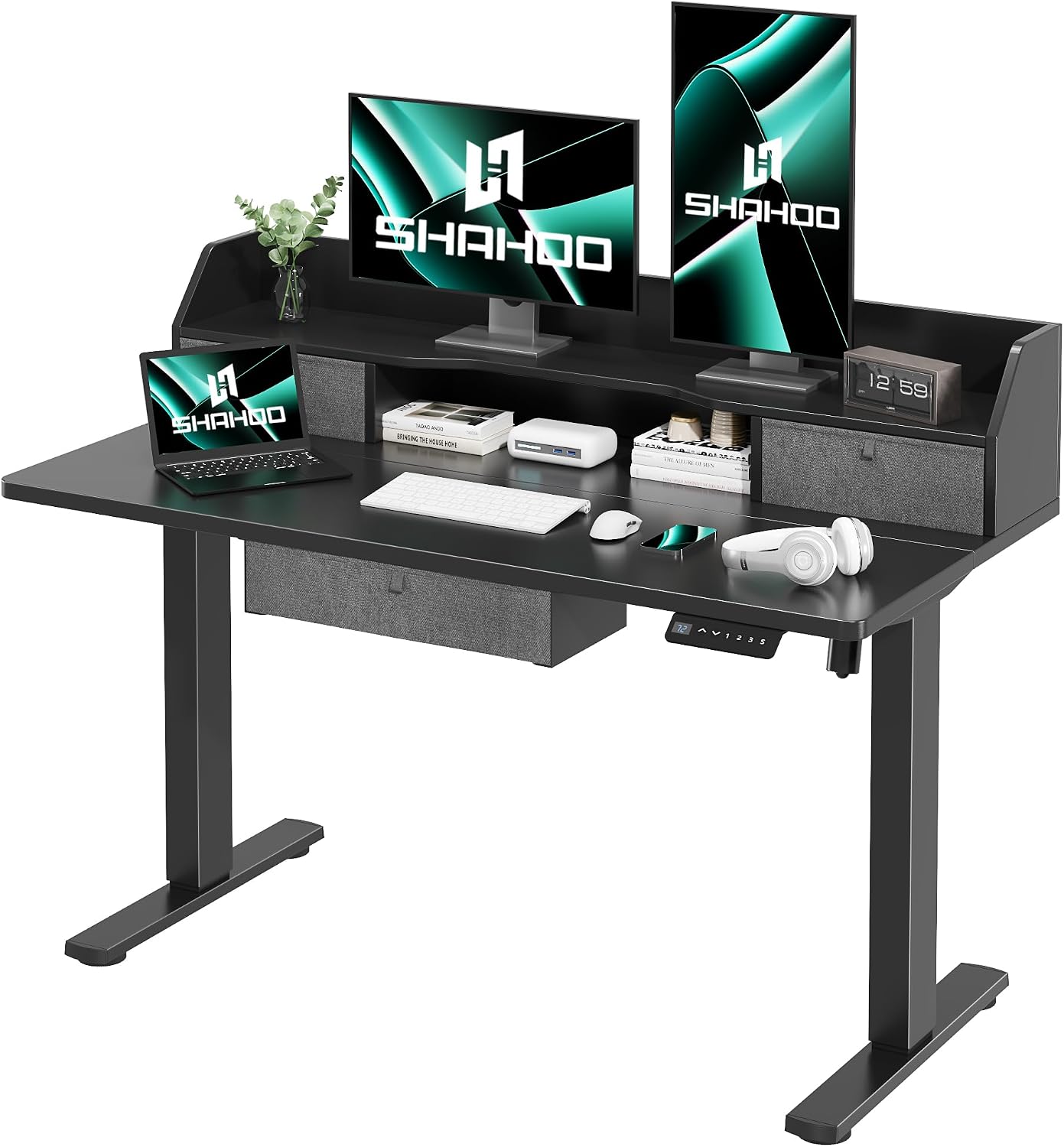 Amazon.com: Shahoo Electric Double Layers Standing Desk with 3 Drawers ...