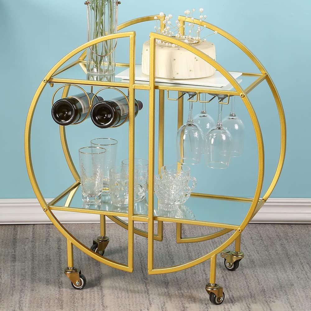 Amazon.com - BOTAOYIYI Round Bar Cart, Gold Bar Cart, Rolling Metal ...