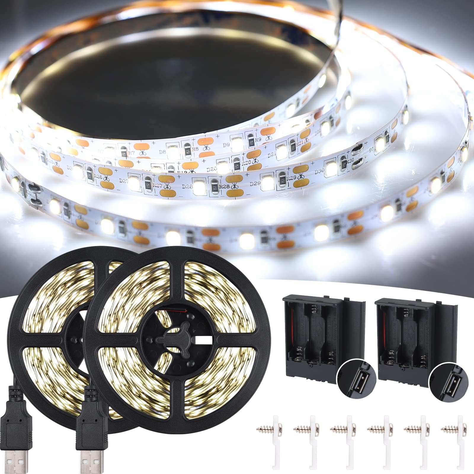 16.4FT Daylight White LED Strip Light with USB Plug+Battery Box ...