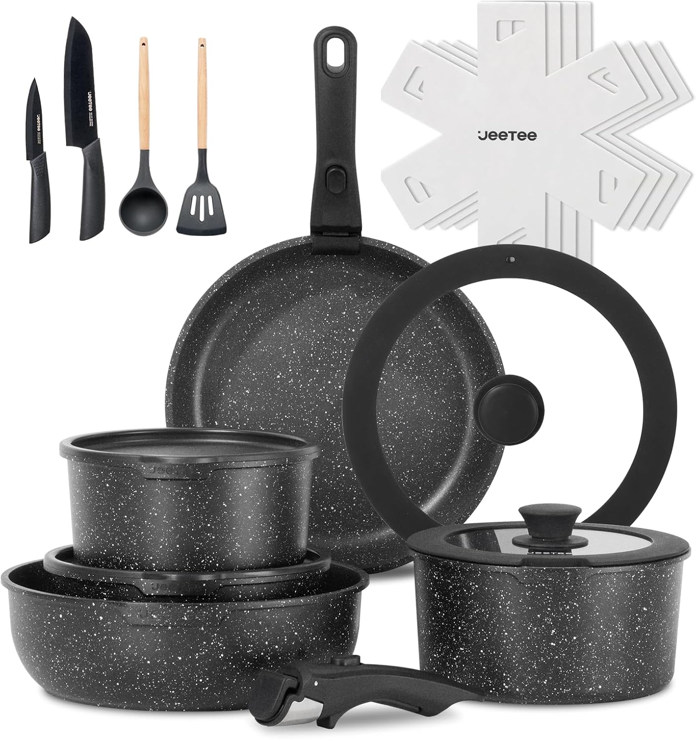 JEETEE Pots and Pan Set Nonstick 19pcs, Cookware Set with Detachable ...