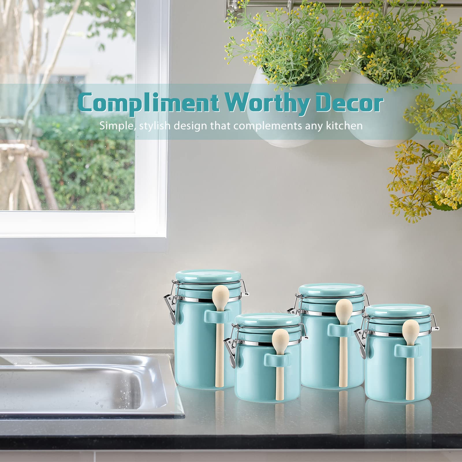 8 Pack Ceramic Canister Sets for The Kitchen with Wooden Spoon ...