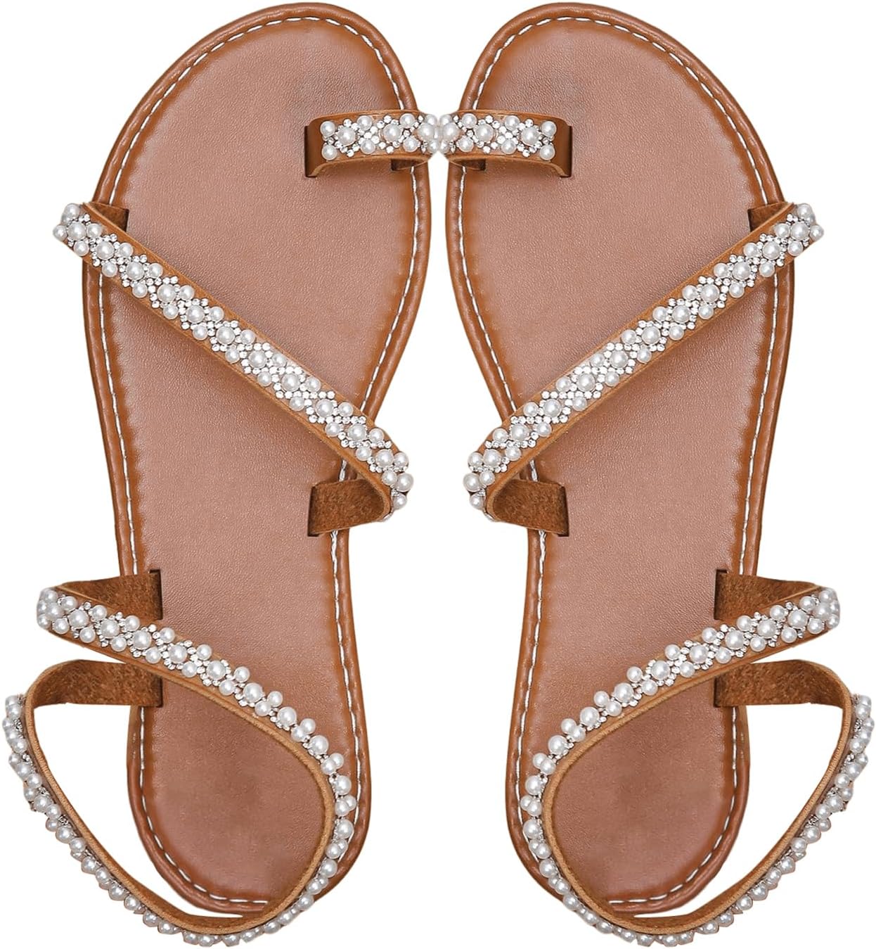 Amazon.com | GORGLITTER Women's Pearl Rhinestone Flat Sandals Beaded ...