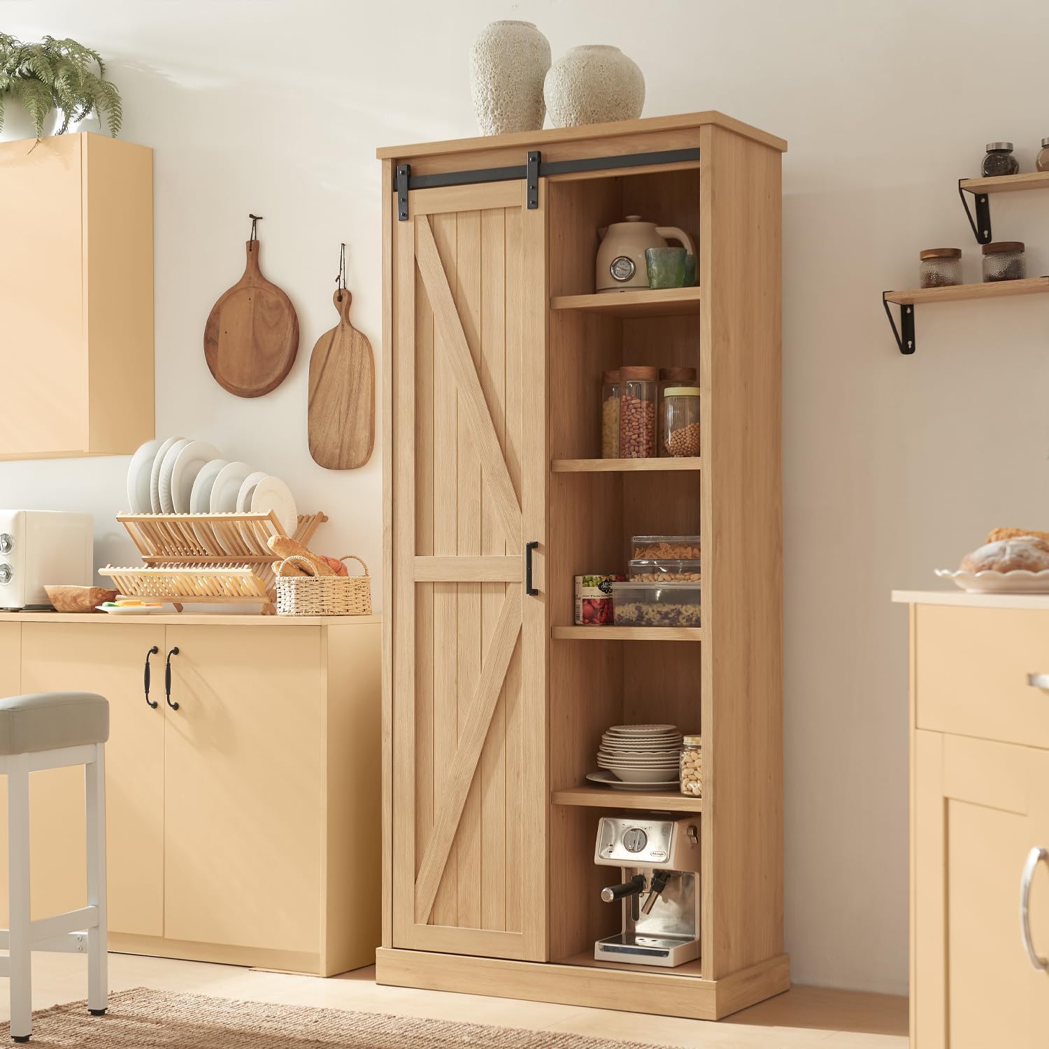 Amazon.com: vimitty 72" Tall Farmhouse Kitchen Pantry with Sliding Barn ...