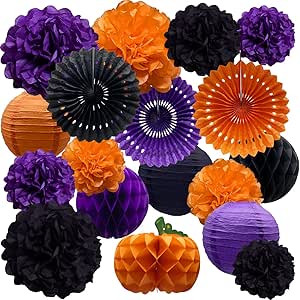 Amazon.com: 19pcs Black Orange Purple Halloween Banner Tissue Pom Poms ...