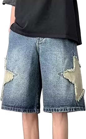 Amazon.com: Y2k Baggy Jeans Shorts Men Patchwork Star Jorts Blue Denim ...