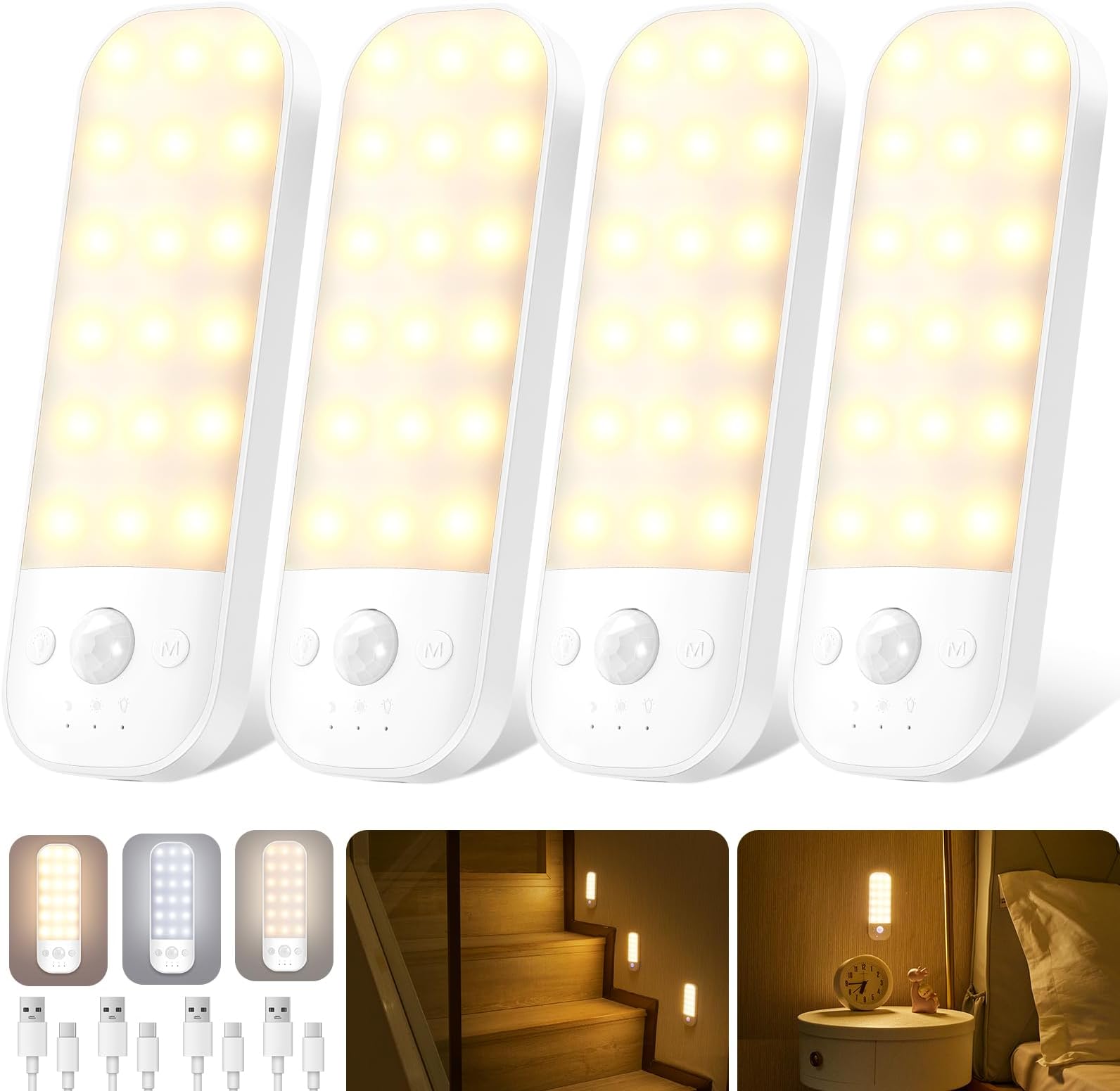 Ledronix Motion Sensor Lights Indoor, 4 Pack USB Rechargeable LED Night ...