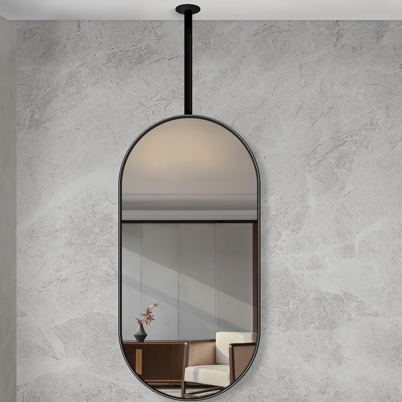 Gaommini Bathroom Mirror Ceiling Mounted Hanging Rod Mirror with Black ...