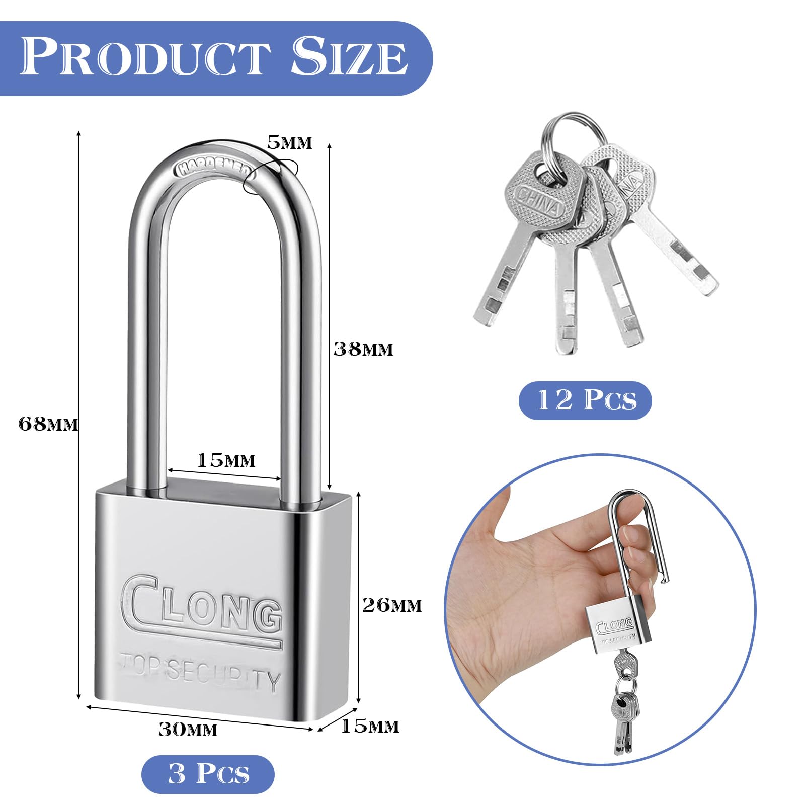 ZYNERY Padlocks with Keys, 3 Pack Padlock Long Shackle Padlock Outdoor ...