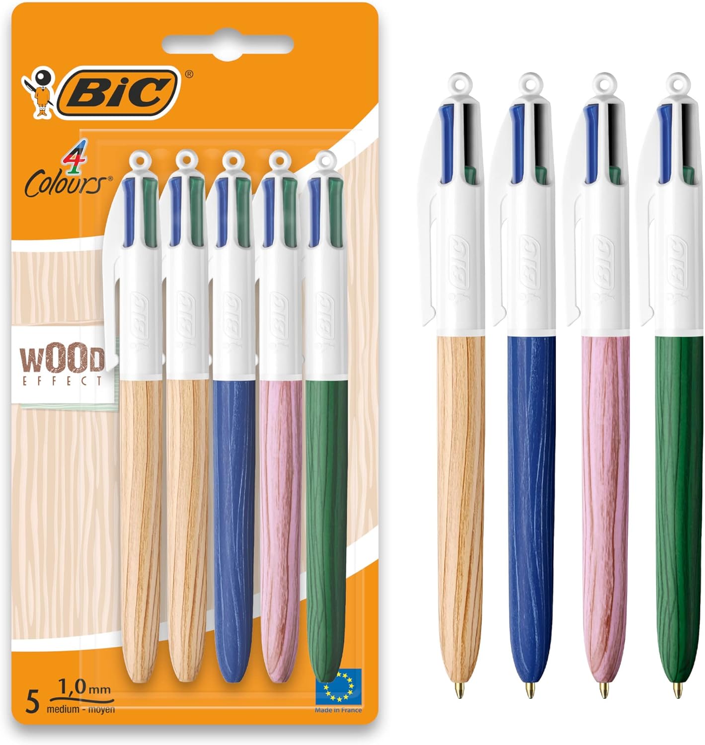 BIC 4 Couleurs Wood Effect, Stylo 4 Couleurs, Encre Bleue, Noire, Rouge et Verte, Effet Bois ...