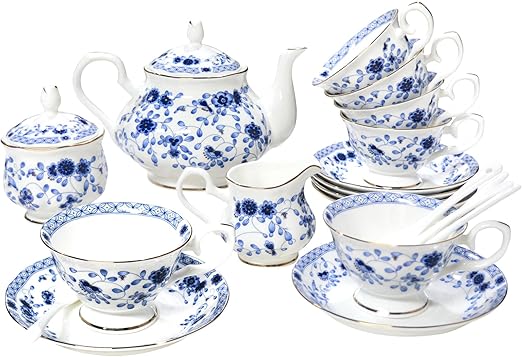 Amazon.com | LE POTOCIO Bone China Tea Set, 21-Pieces Porcelain Tea Set for Adults, Tea Cups And ...