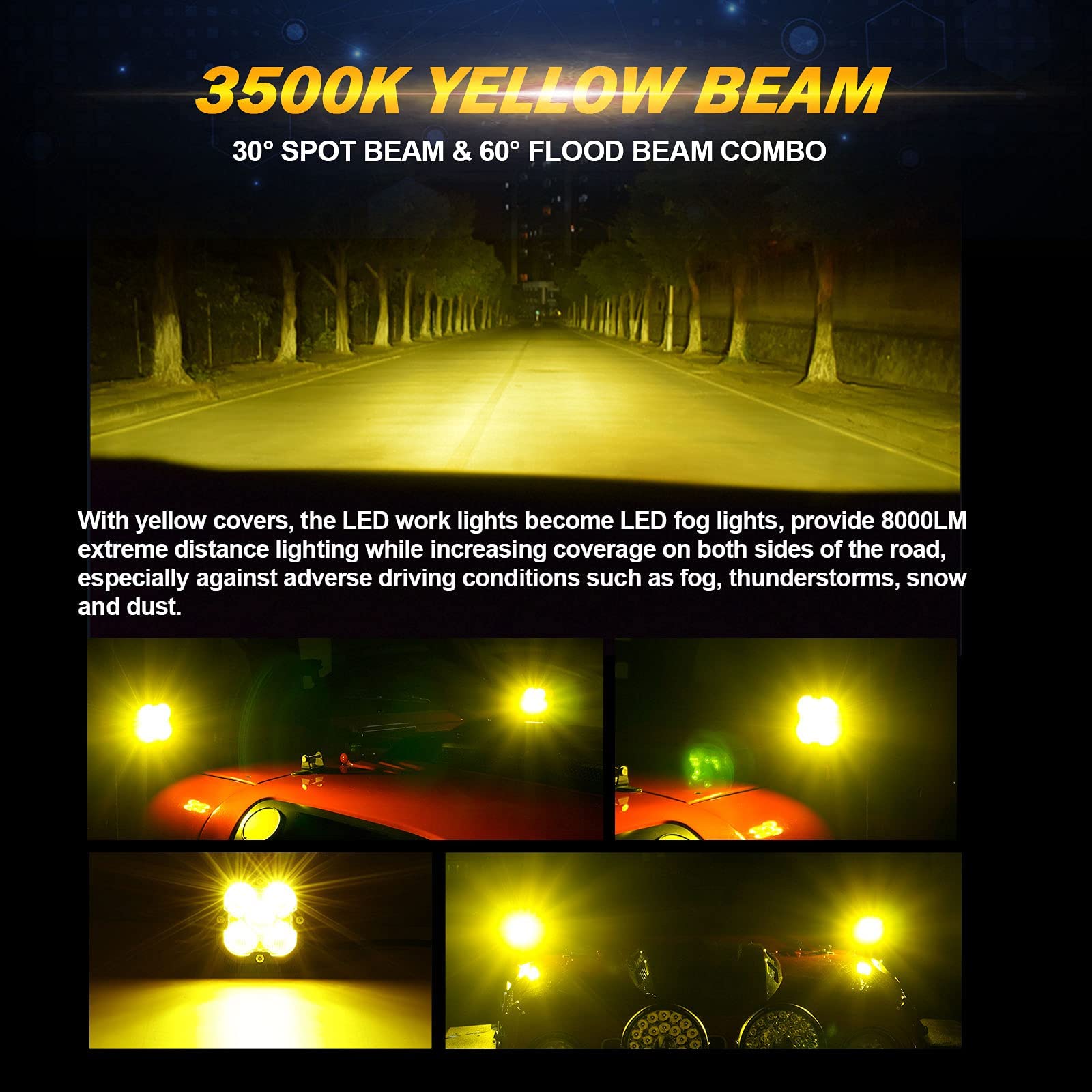Buy Auxbeam 3" 80W LED Pods Cube with Amber Covers, 9600LM Yellow Fog ...