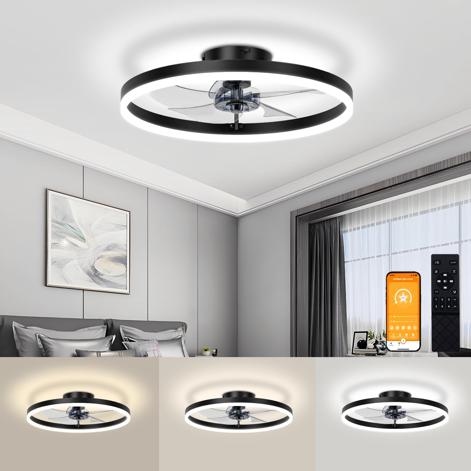 VOLISUN Low Profile Ceiling Fan with Lights and Remote, 15.7in ...