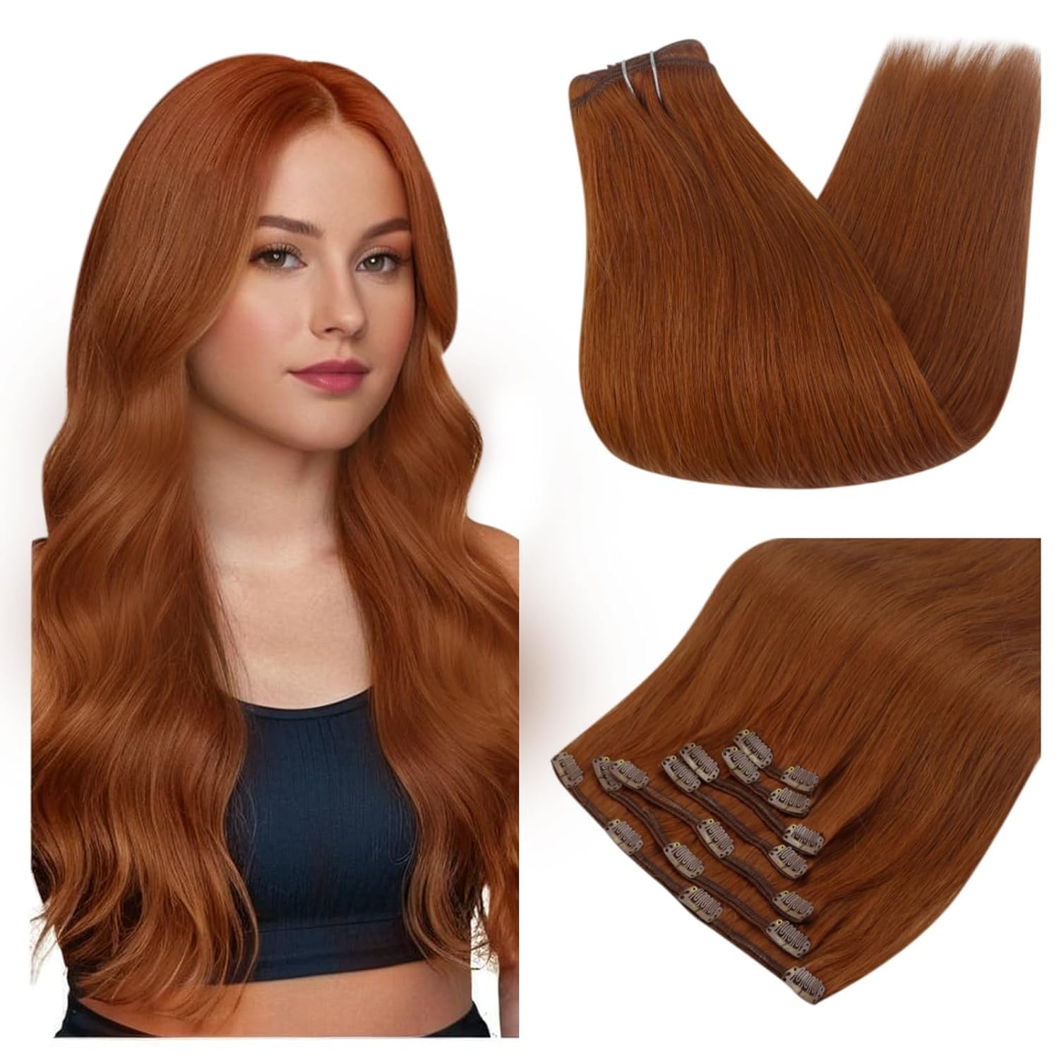 Amazon.com : Full Shine Clip in Human Hair Extensions Auburn Red Hair ...