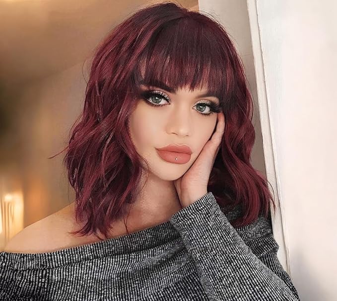 Amazon.com : MINLEE Red Wig with Bangs for Women 14 Inch Short Bob Wavy ...