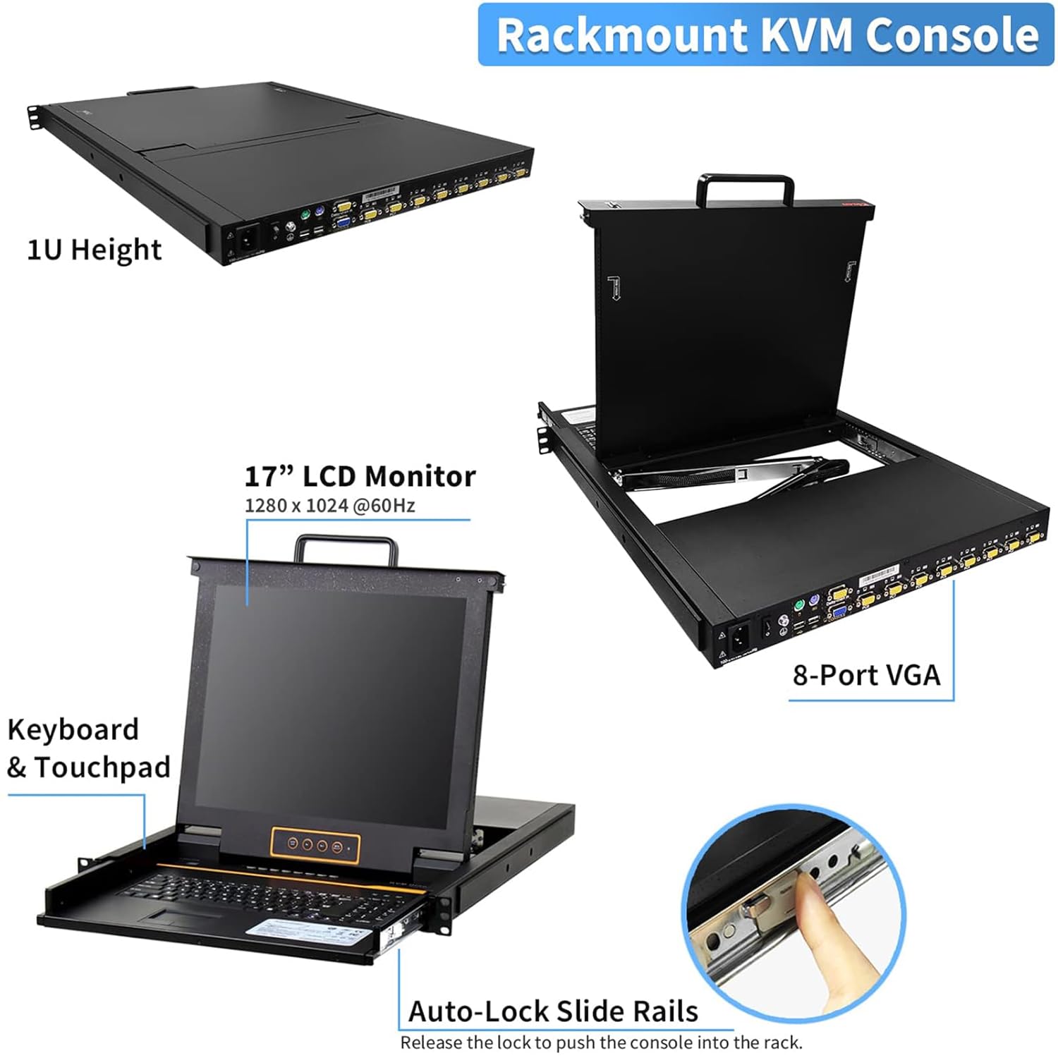 1U Rack Mount KVM Console w/Cables,17 Rackmount Monitor,8 Port VGA KVM ...