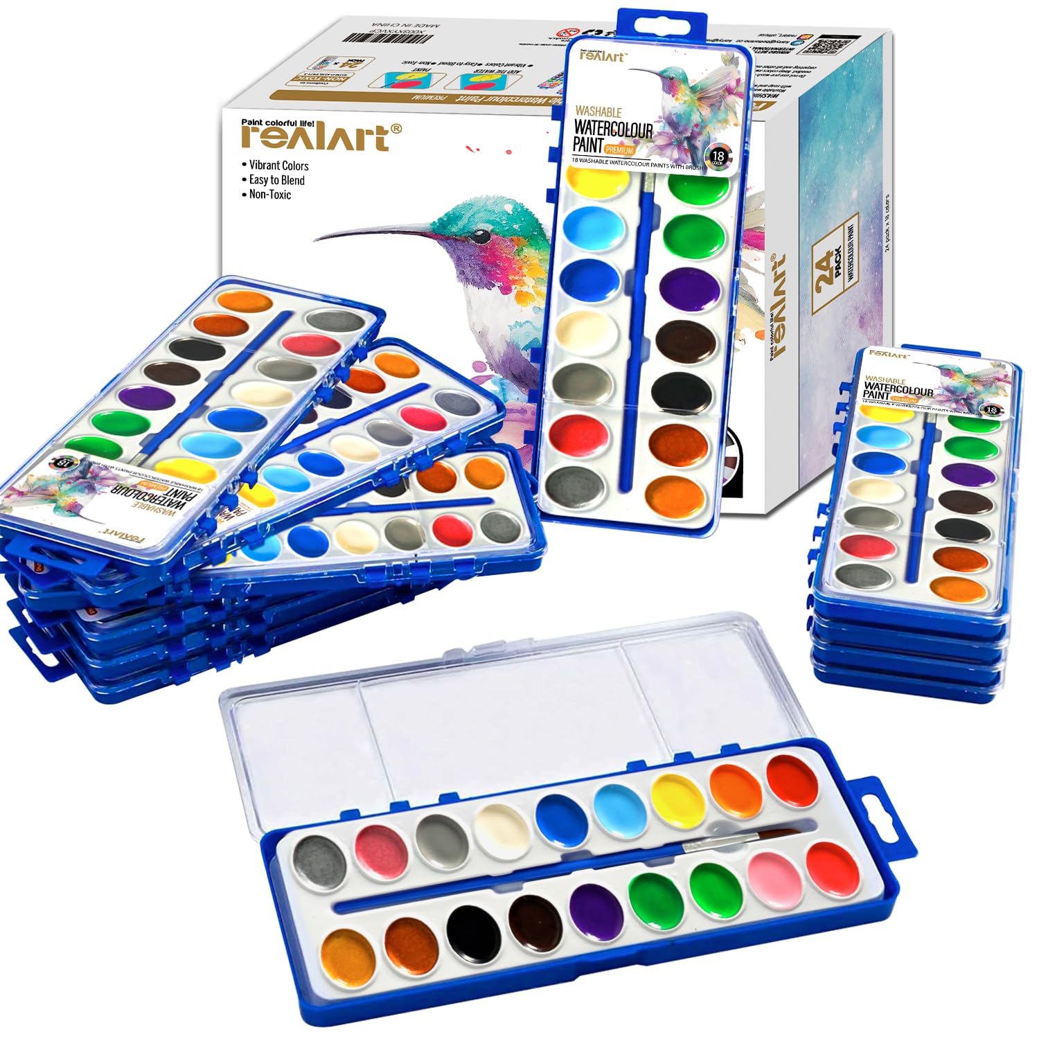 Amazon.com: REALART 18 Colors Watercolor Paint Set Bulk, Pack of 24 ...