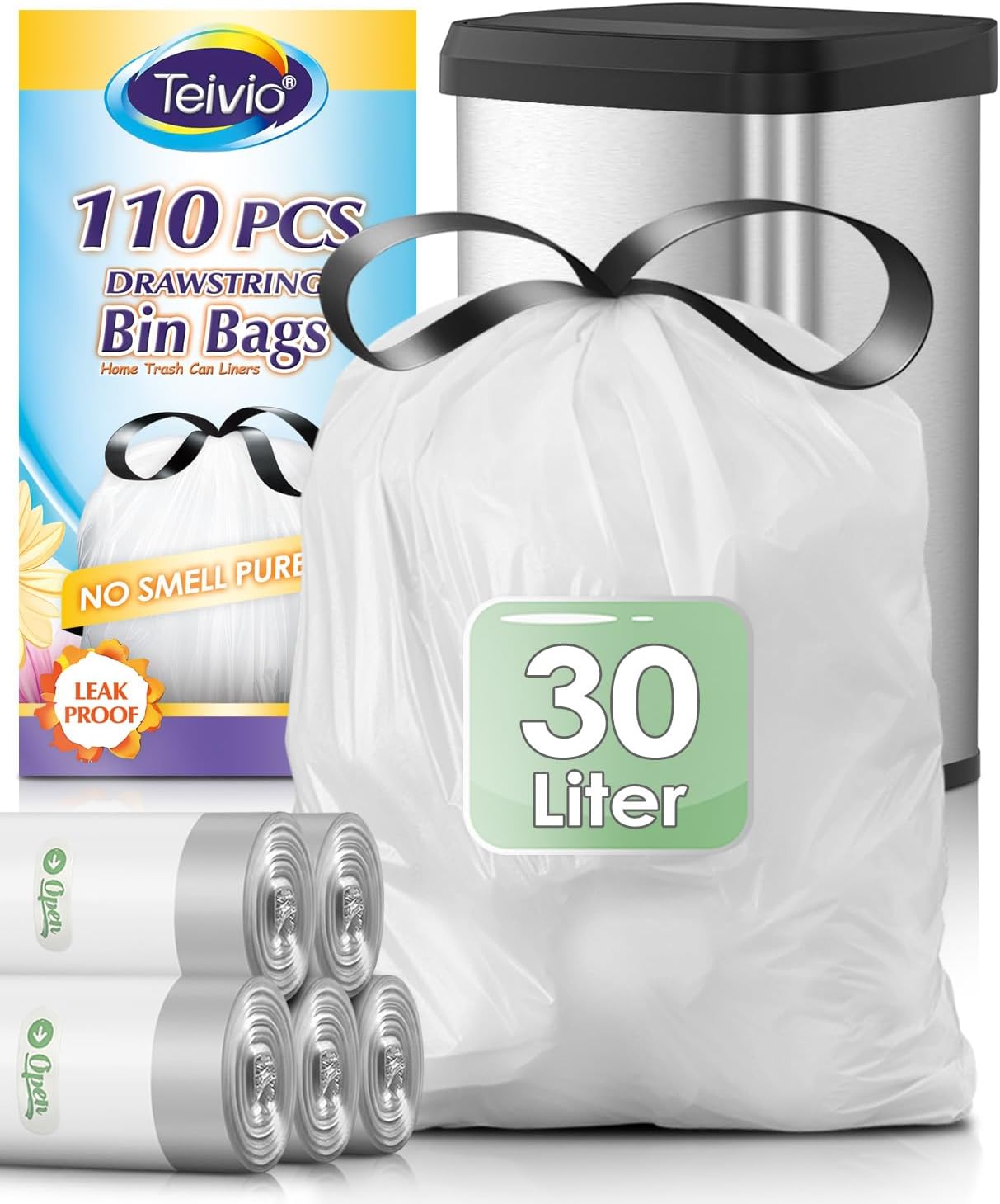 Teivio 30 Liter Medium Bin Liners with Tie Tap, 110 Counts 8 Gallon ...