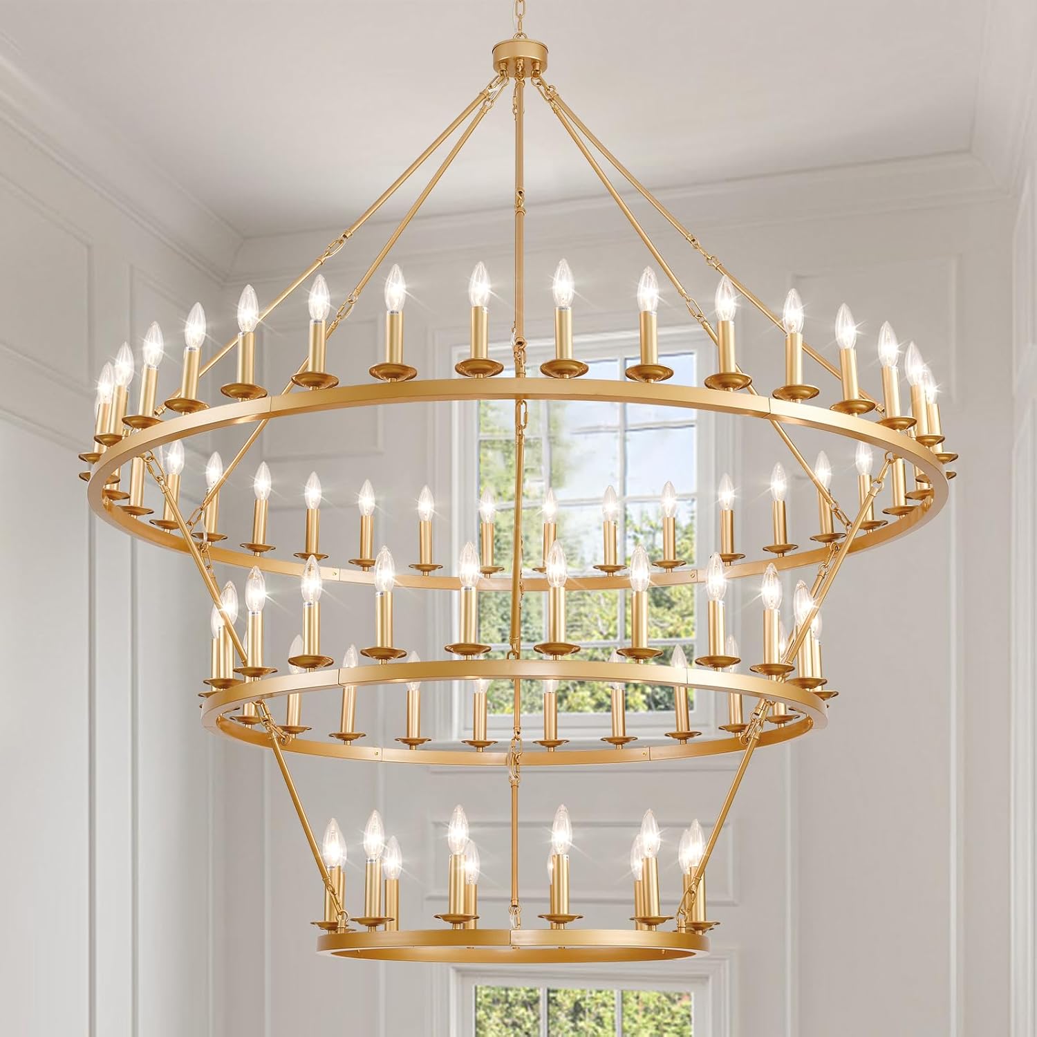 QJMPP 3 Tier Gold Wagon Wheel Chandelier,Extra Large 60-Inch 72-Light ...