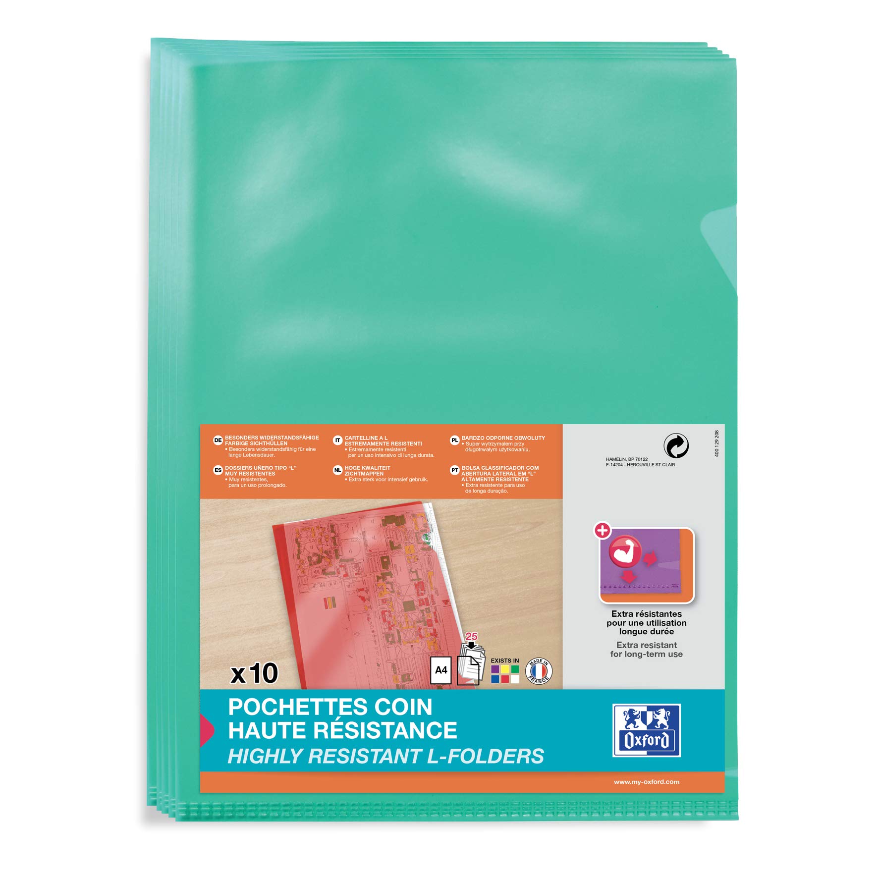 OXFORD Sachet de 10 Pochettes-Coin Haute Resistance A4 PVC Lisse ...