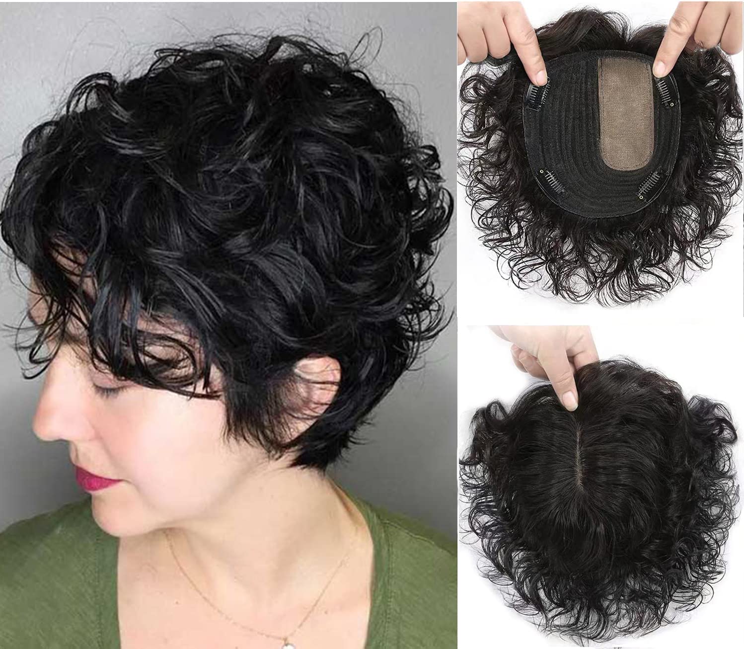 Amazon.com : ICRAB 6" Natural Fluffy Wavy Human Hair Toppers Simulated ...