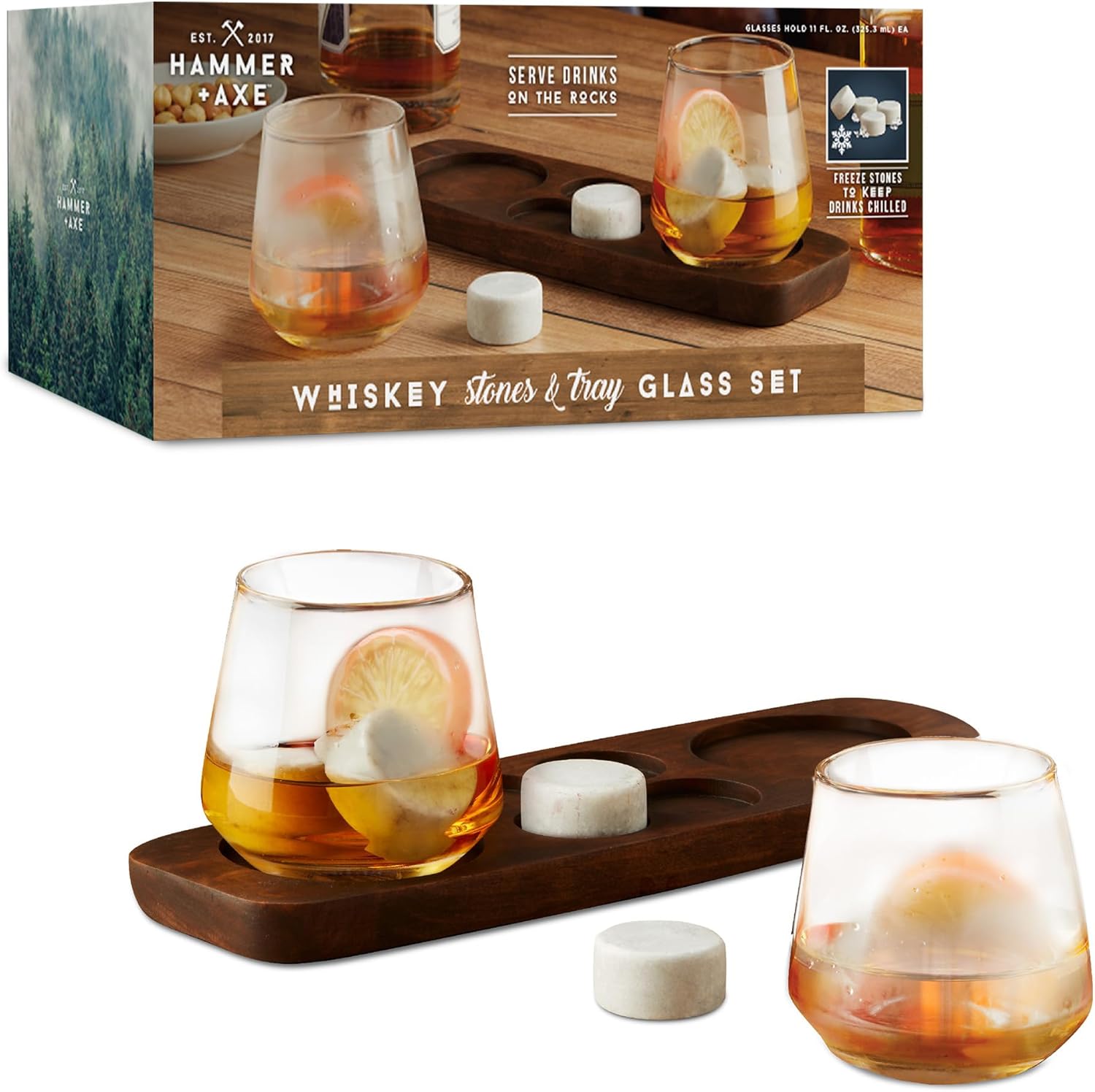 Amazon.com: Hammer + Axe Whiskey Stones & Tray Glass Set, 4 Chilling ...