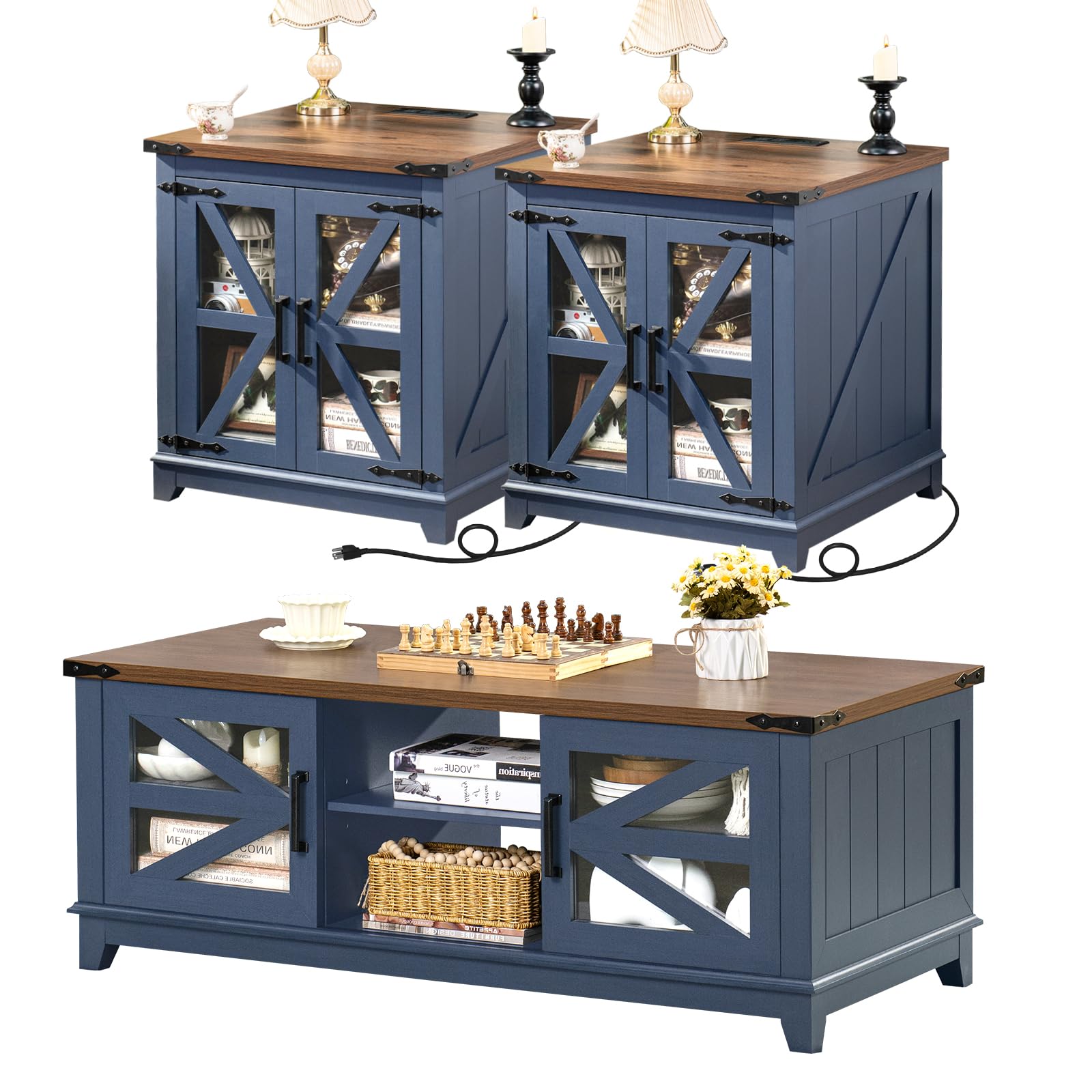 Amazon.com: Farmhouse Coffee Table Sets 3 Pieces, End Side Tables with ...