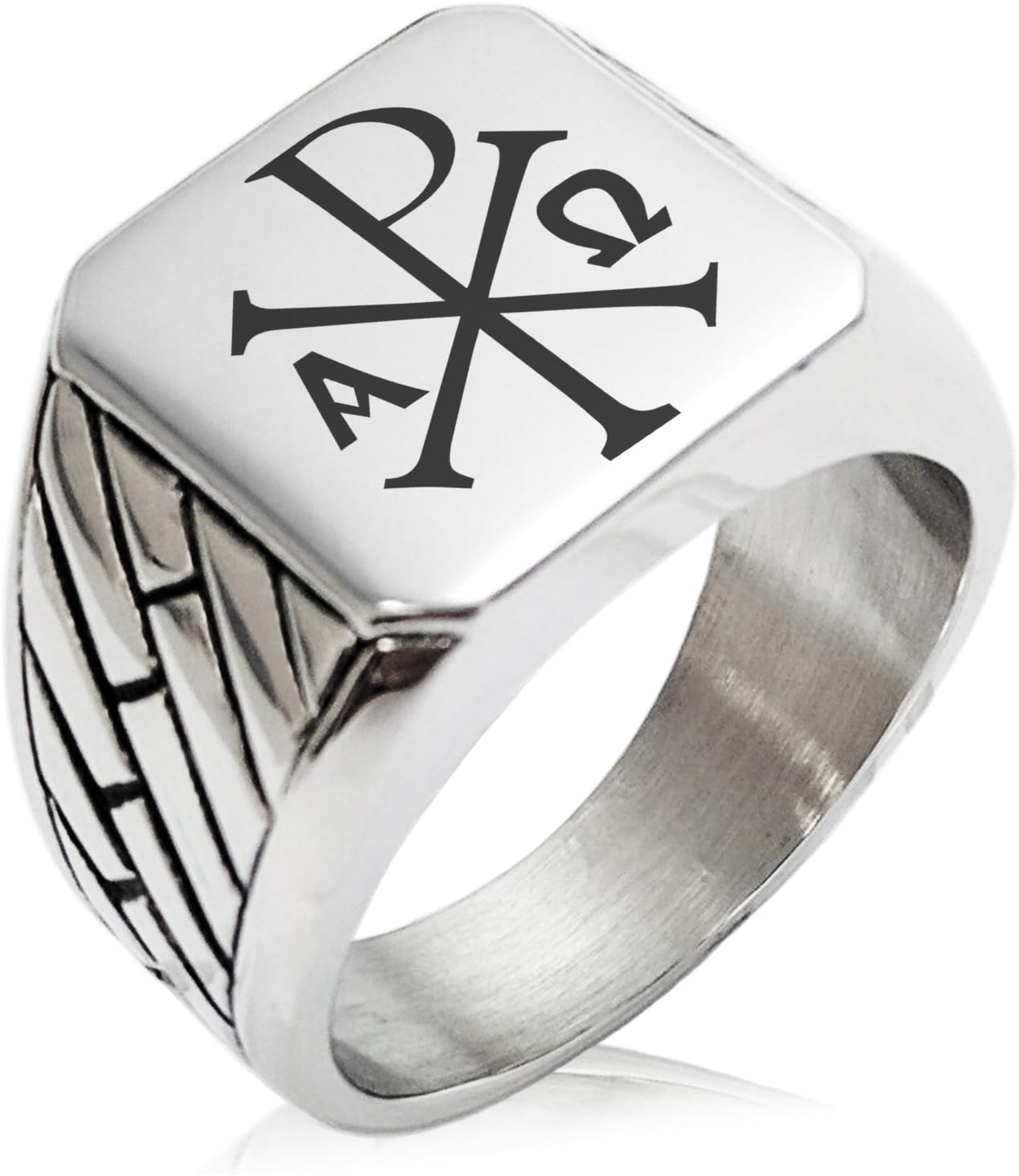 Two-Tone Stainless Steel Chi Rho Alpha Omega Symbol Engraved Geometric ...
