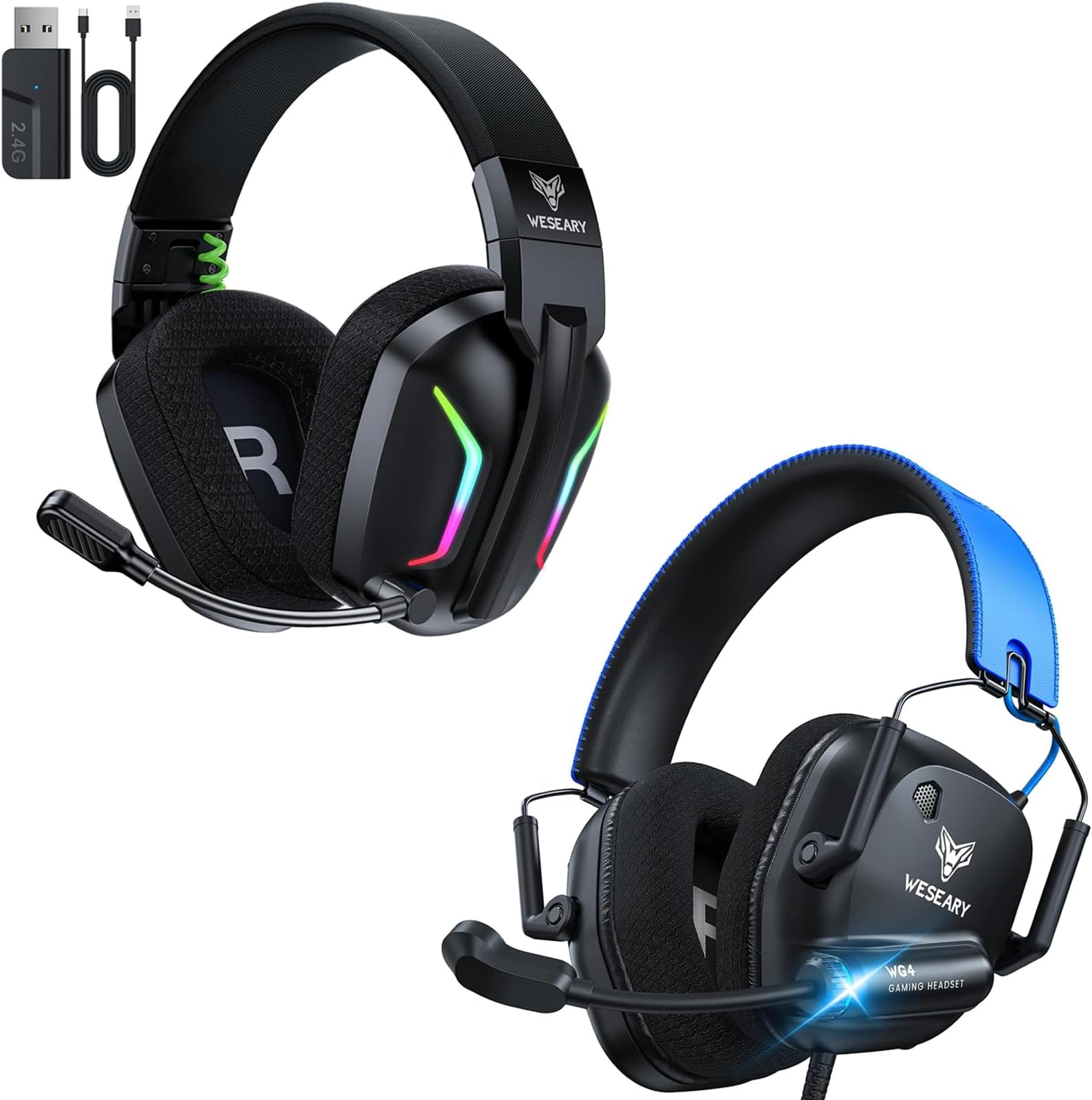 Amazon.com: WESEARY WG1 Pro Black Wireless + WG4 Black-Blue Wired Headset Bundle Ultimate Gaming ...