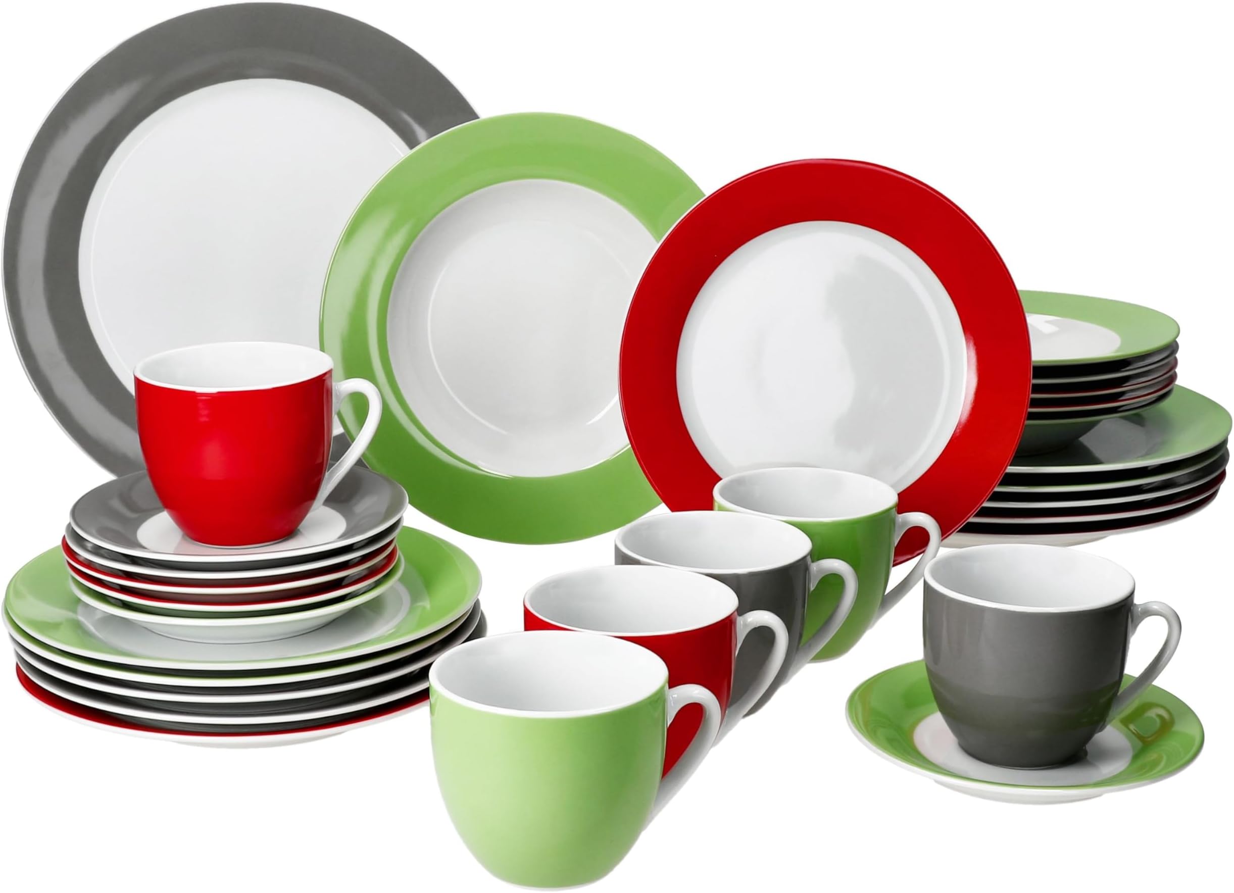 MamboCat Variant Trio 30tlg Kombiservice I Porzellan-Geschirrset mit Rand in Grün, Rot & Grau ...