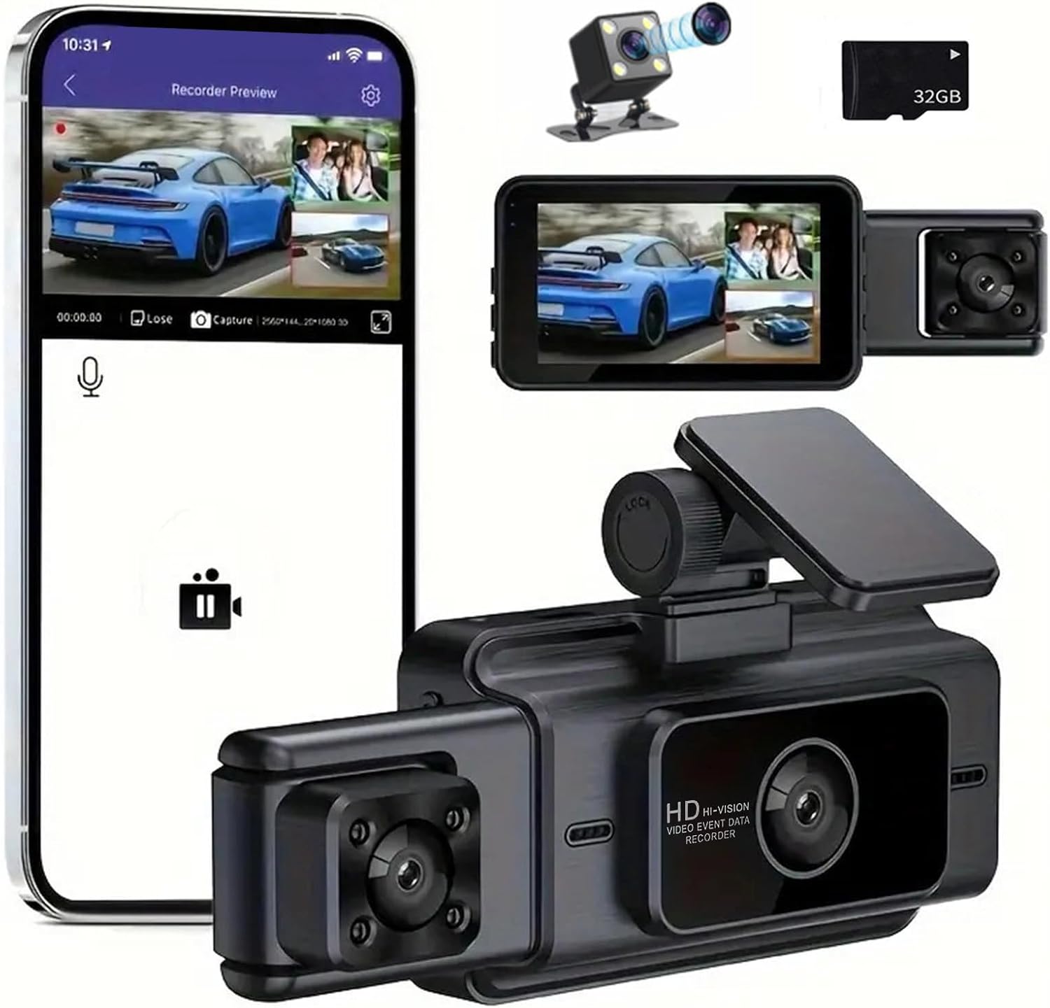 Amazon.com: 2024 New Three Recording Dash Cam Front Inside Rear FHD ...