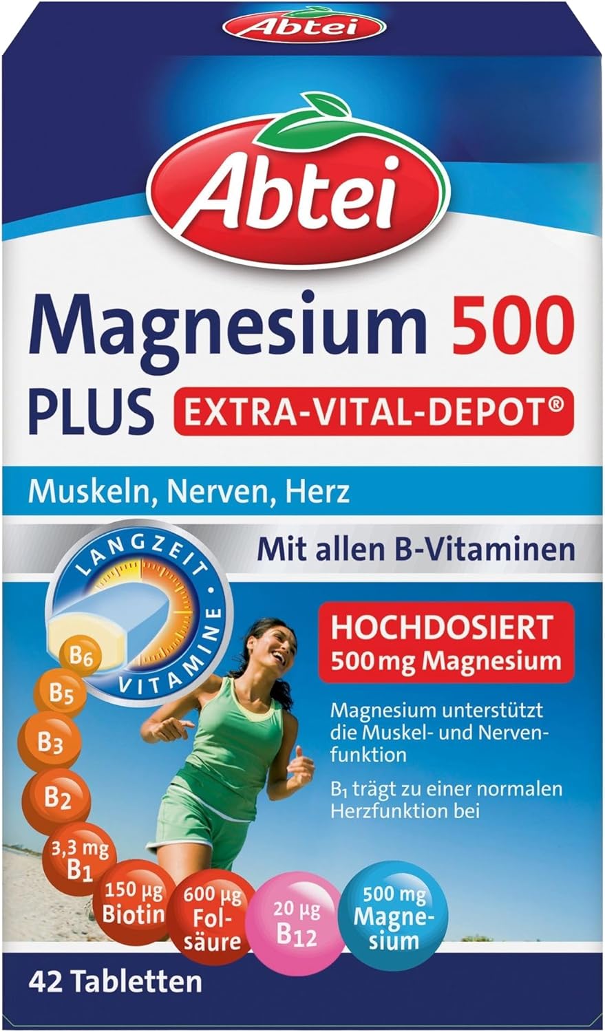 Abtei Magnesium 500 Plus Extra-Vital-Depot - hochdosiert - mit allen B ...