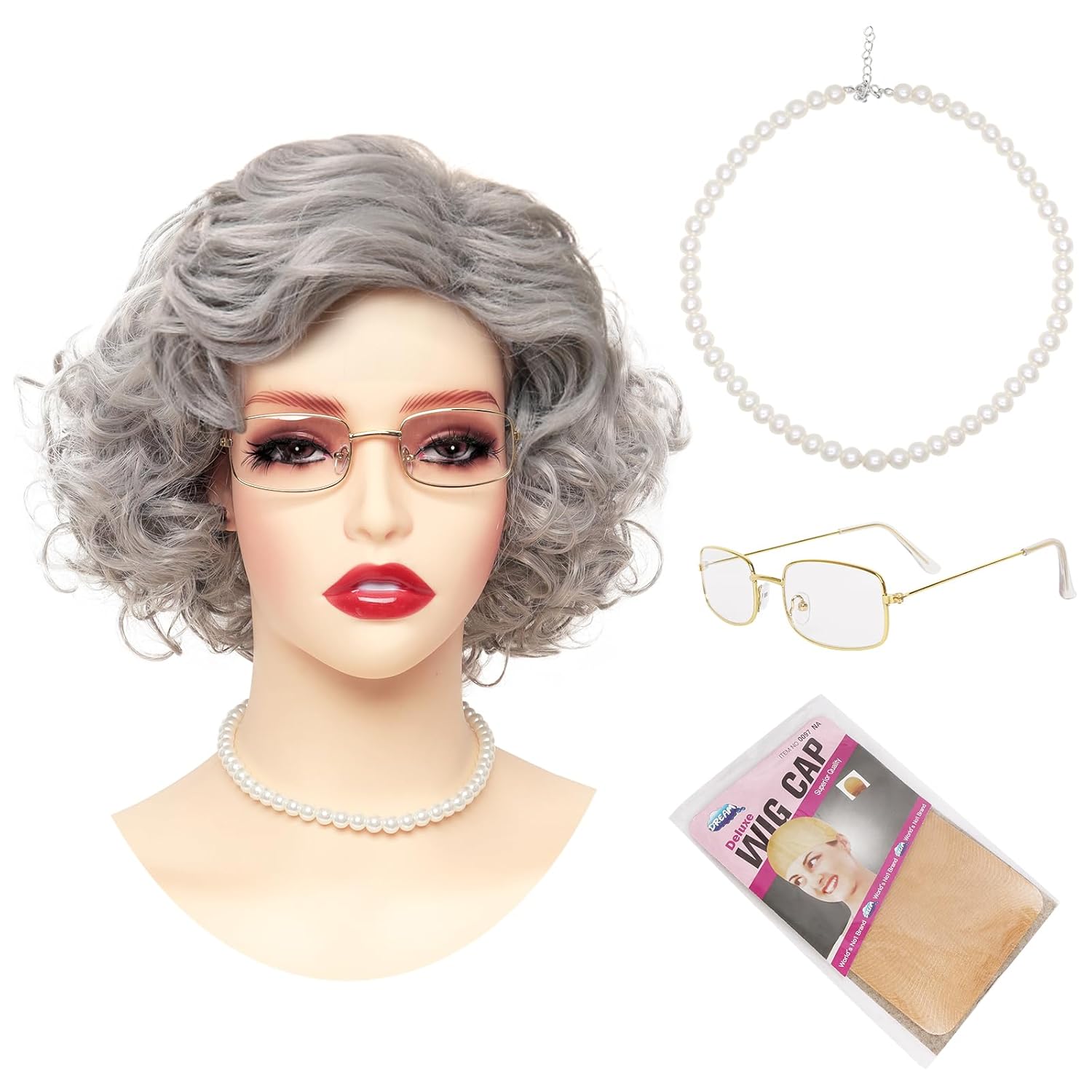 Amazon.com: Fumwase Old Woman Costume Set Grey Grandma Wig Accessories ...