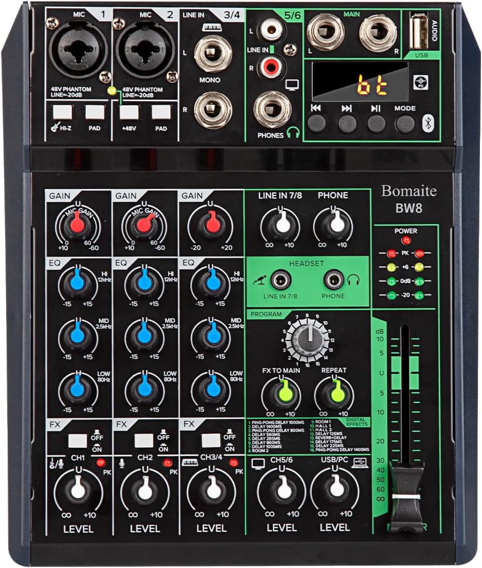Amazon.com: Bomaite BW8 Audio Mixer 8-CHANNEL DJ Sound Controller ...