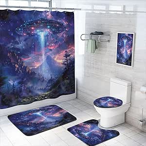 Amazon.com: 4 Pcs UFO Bathroom Shower Curtain Set with Rugs,Toilet Lid ...