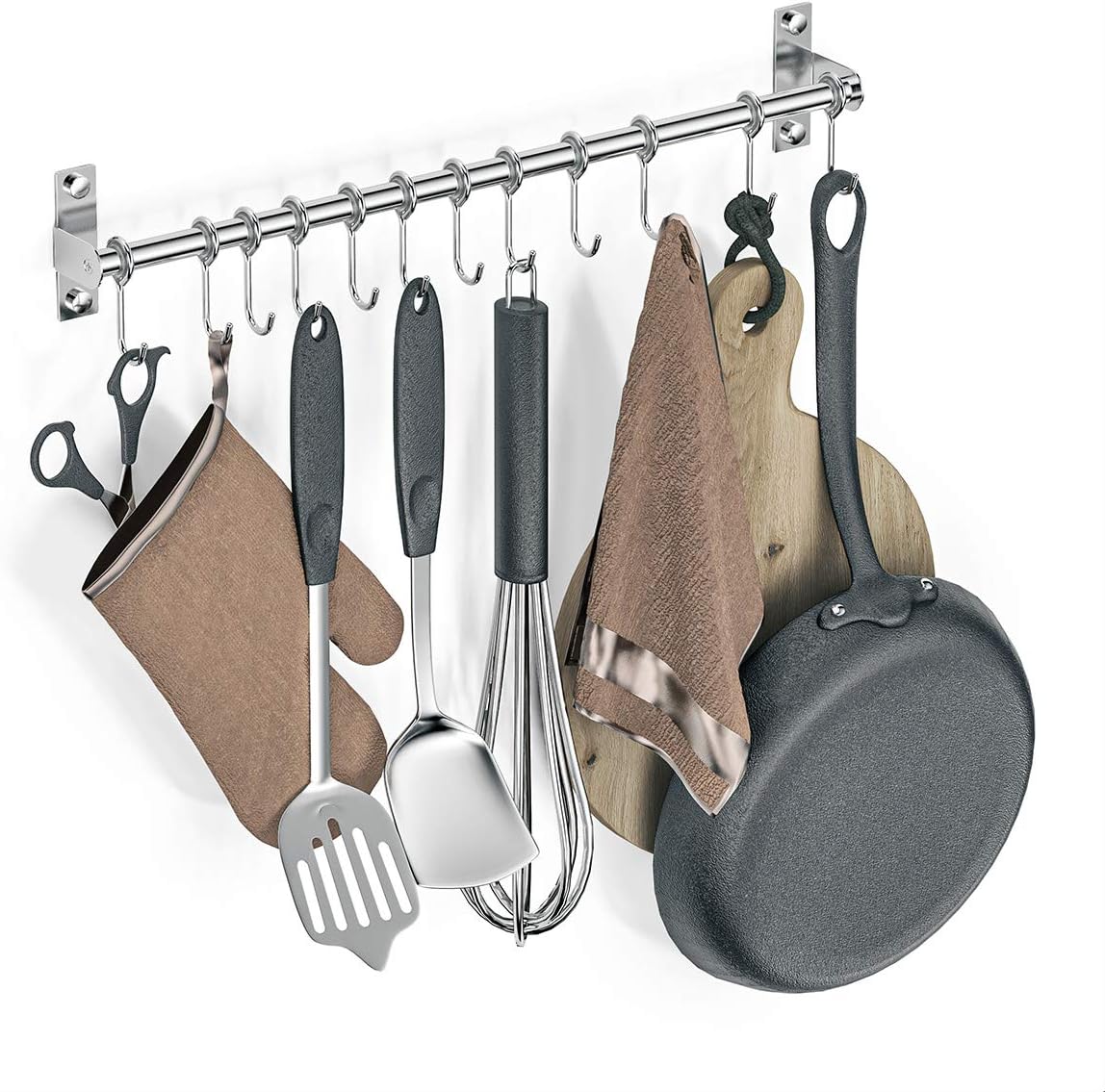 Lesfit Kitchen Utensil Hanging Rack Rail with 8 hooks, Wall Mounted ...