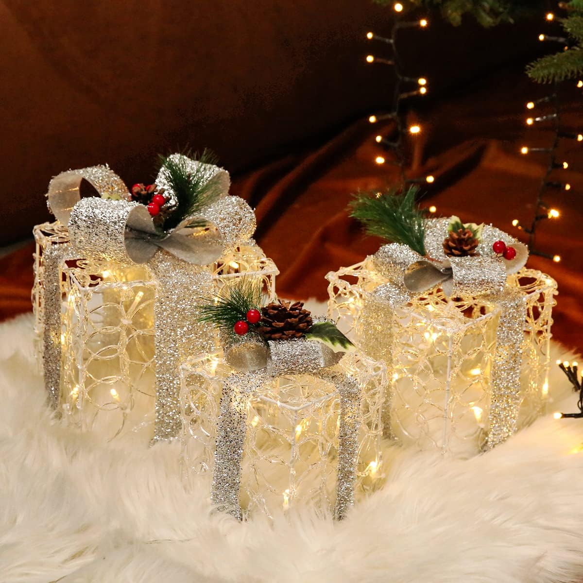 Gresonic Lighted Gift Boxes, Set of 3 Light Up Present Box 48LED Warm ...