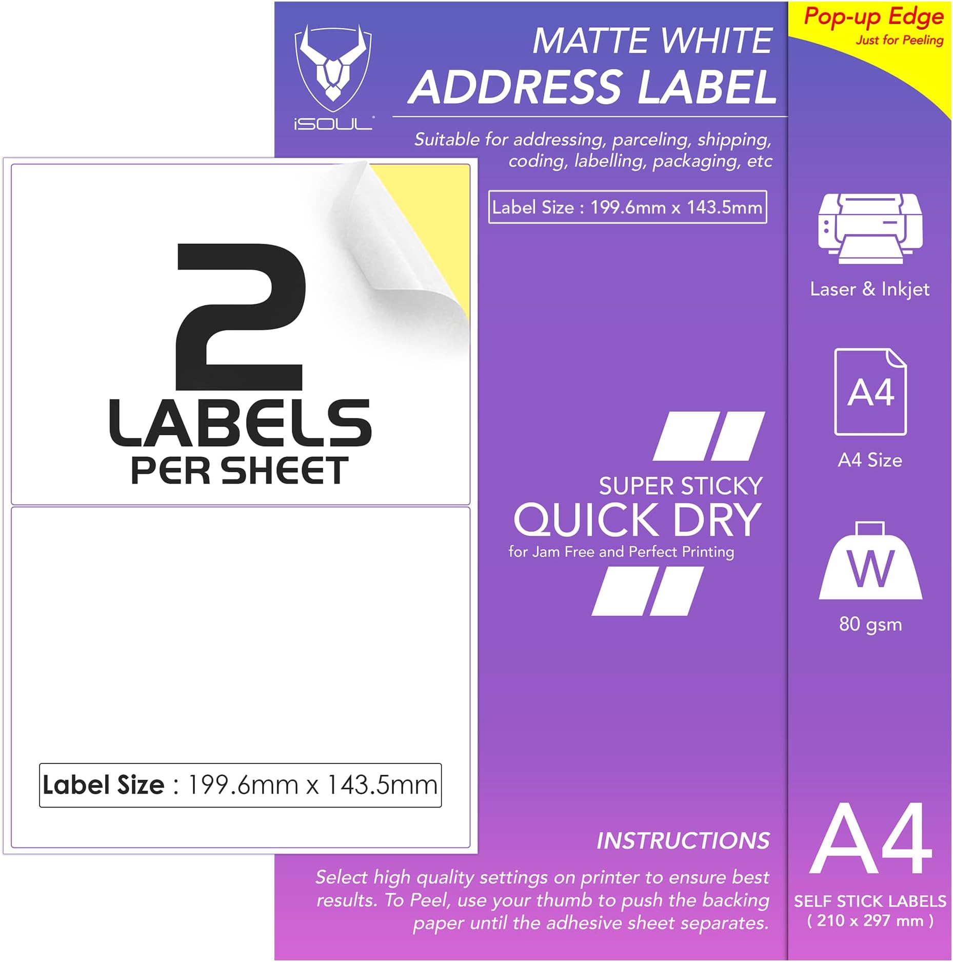 2 per Sheet, 25 Sheets, A4 White Sticker Paper Labels, Laser/Inkjet ...