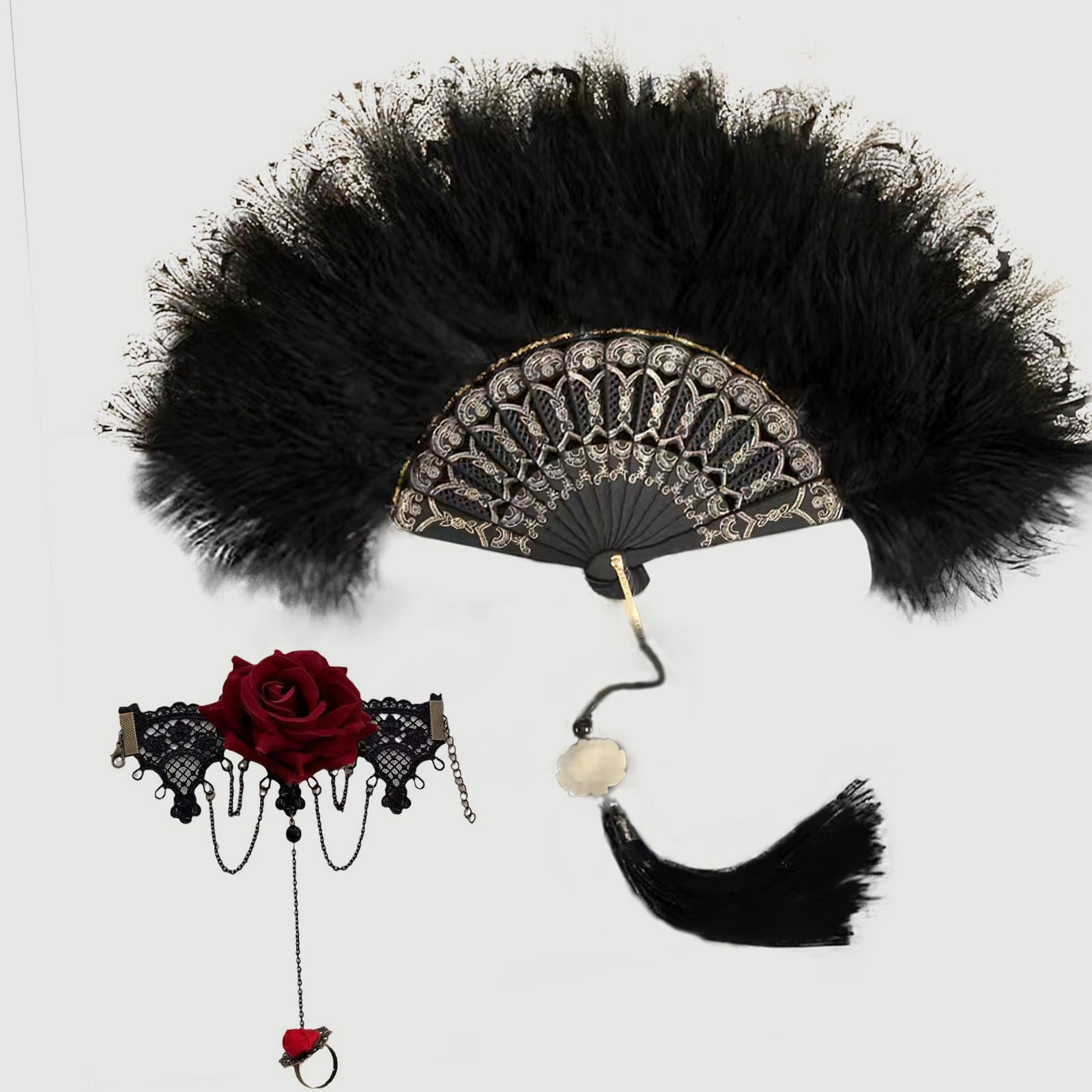 Amazon.com: AUOCATTAIL Halloween Feather Fan Double Lace Handheld ...