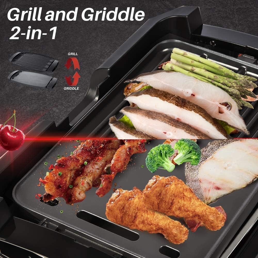 Plancha eléctrica antiadherente Parrilla interior sin humo con tapa de vidrio y bandeja de goteo ...